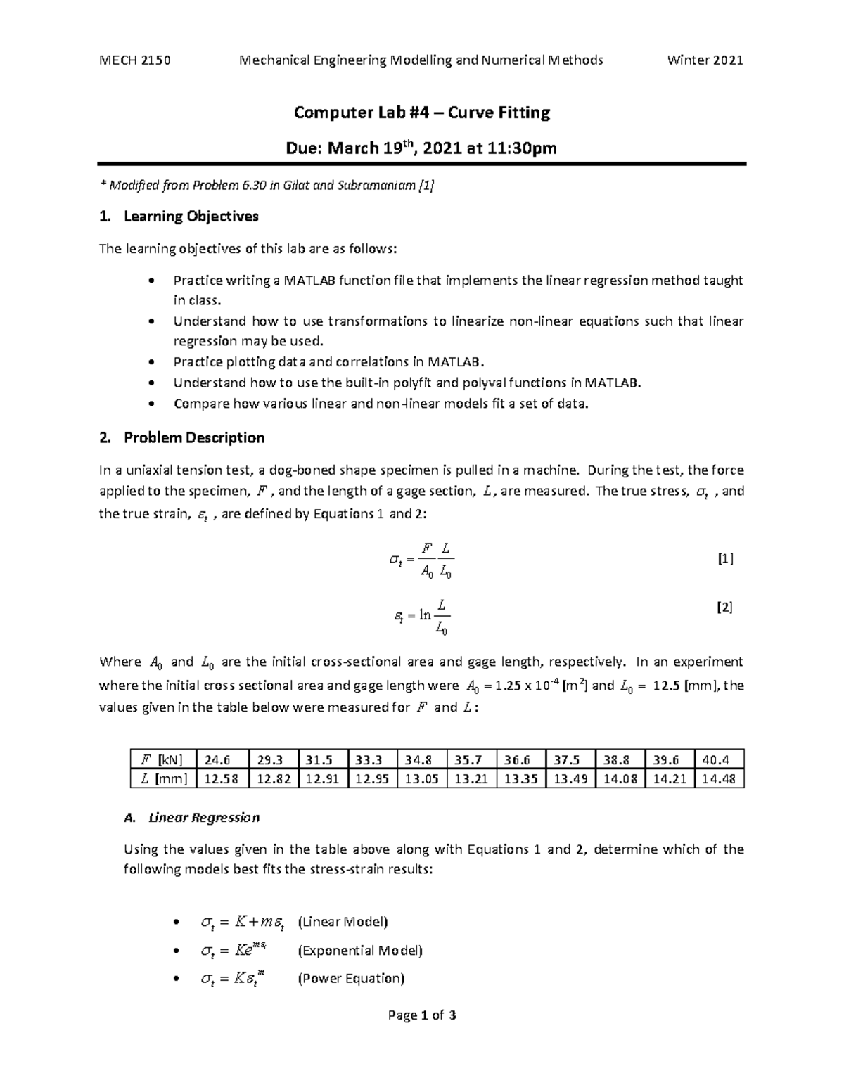 Computer Lab 4 - MECH 2150 Mechanical Engineering Modelling and ...