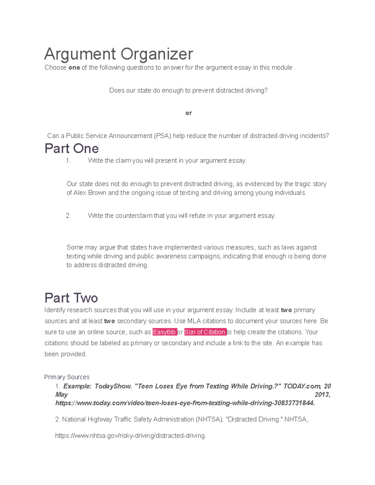 Eng 7 - Notes - Argument Organizer Choose one of the following ...