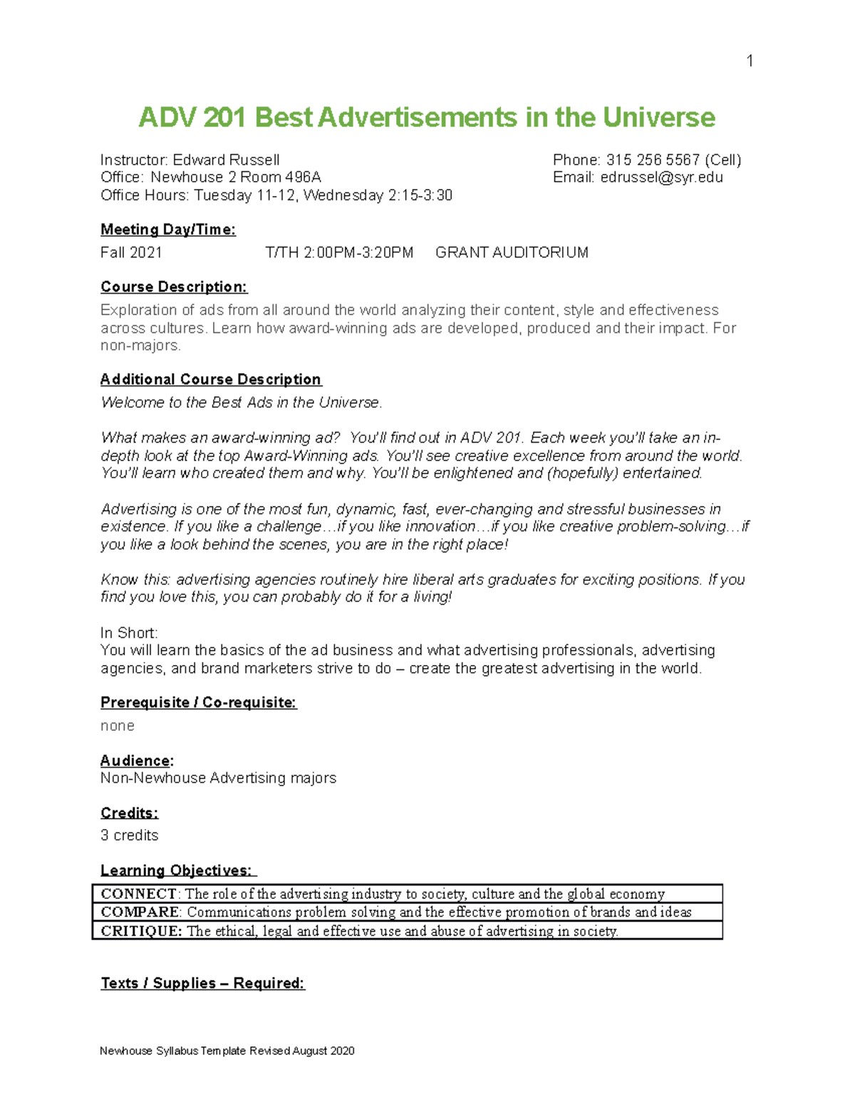 ADV201 Syllabus For Class 2021 - Free - ADV 201 - Studocu