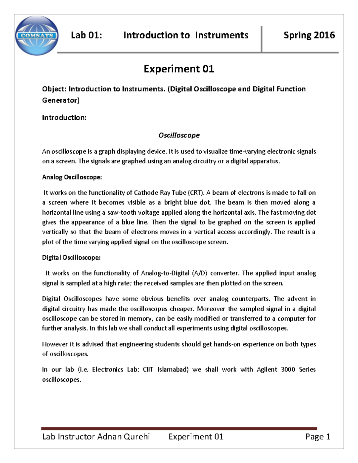 Lab1 Introduction to Instruments. (Digital Oscilloscope and Digital Function - Experiment 01 ...