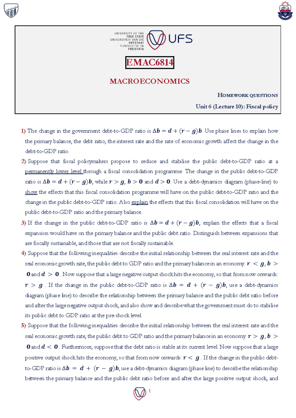 Hw Q2024 L10 - HOMEWORK QUESTIONS FOR FISCAL POLICY - 1 EMAC MACROECONOMICS HOMEWORK QUESTIONS ...