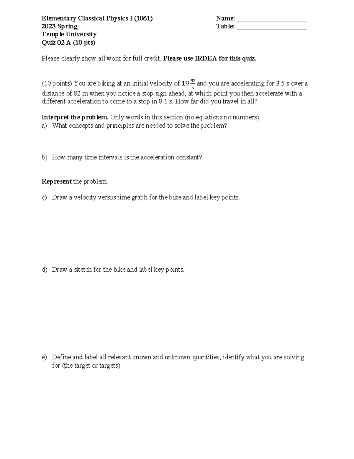 1061 23S Quiz02 A1 - Elementary Classical Physics I (1061) Name ...