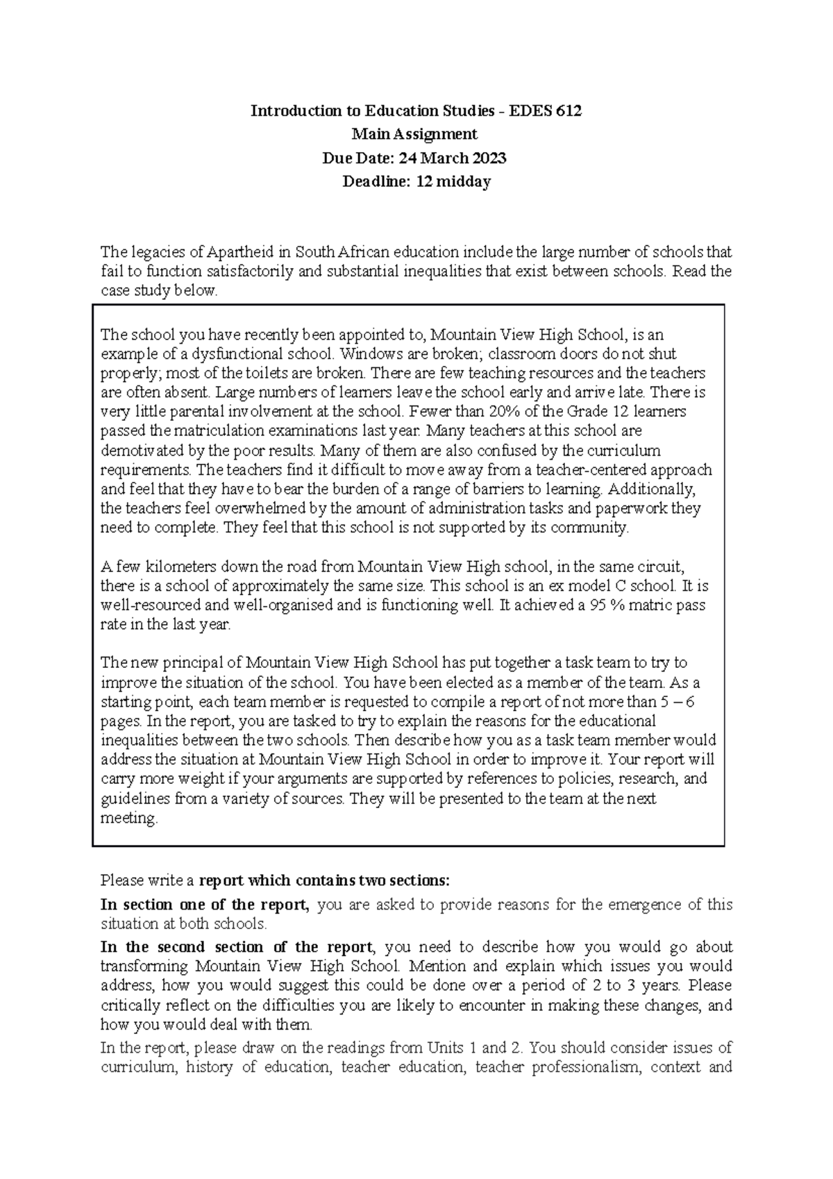 Main Assignment - Psychology - Introduction to Education Studies - EDES ...