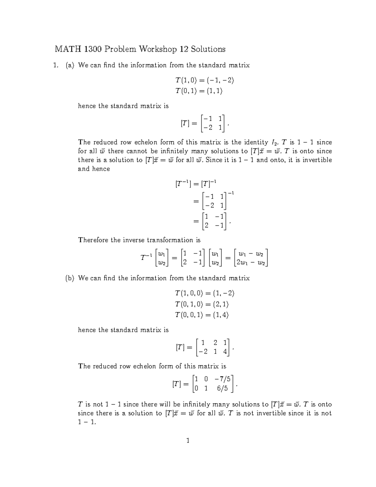 PW12Solutions - Linear Algebra Worksheet Solutions - MATH 1300 Problem Workshop 12 Solutions (a ...