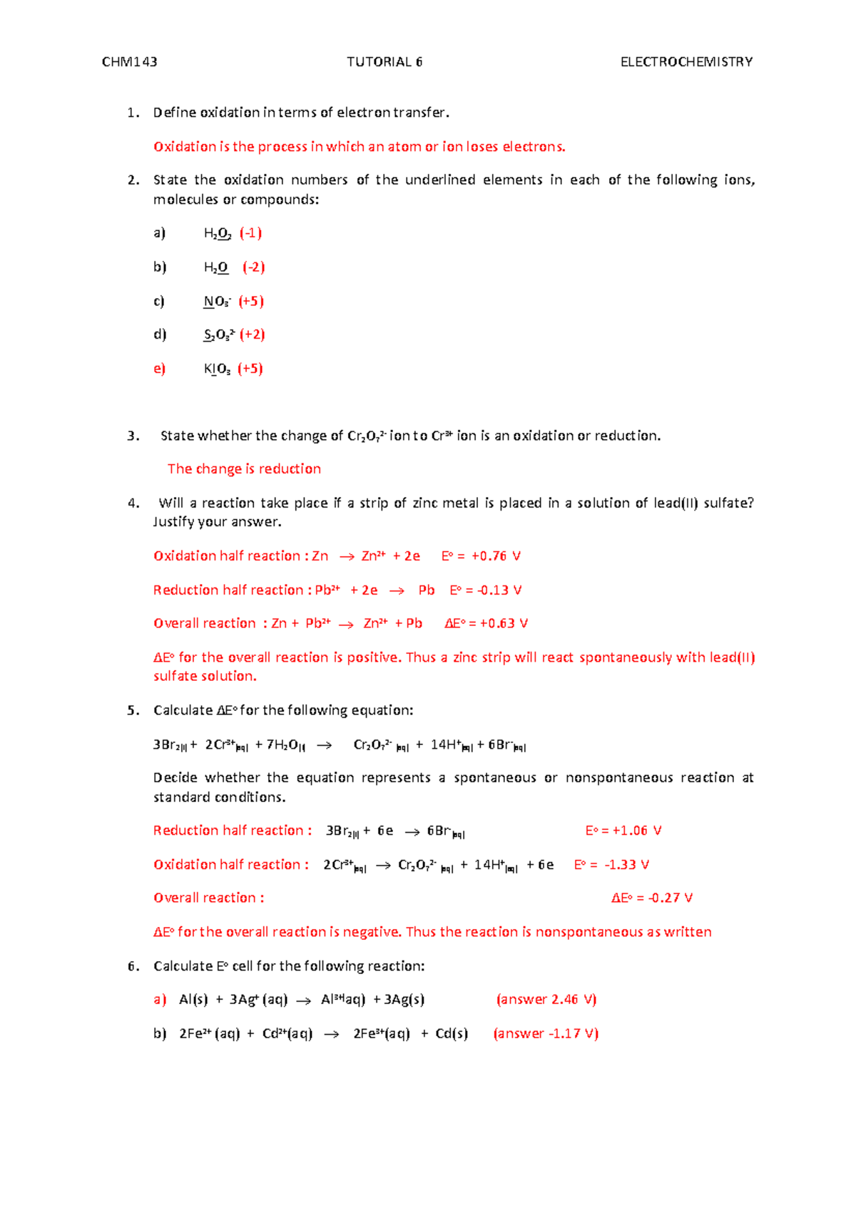 Answer scheme Tutorial 6 CHM143 - CHM143 TUTORIAL 6 ELECTROCHEMISTRY ...