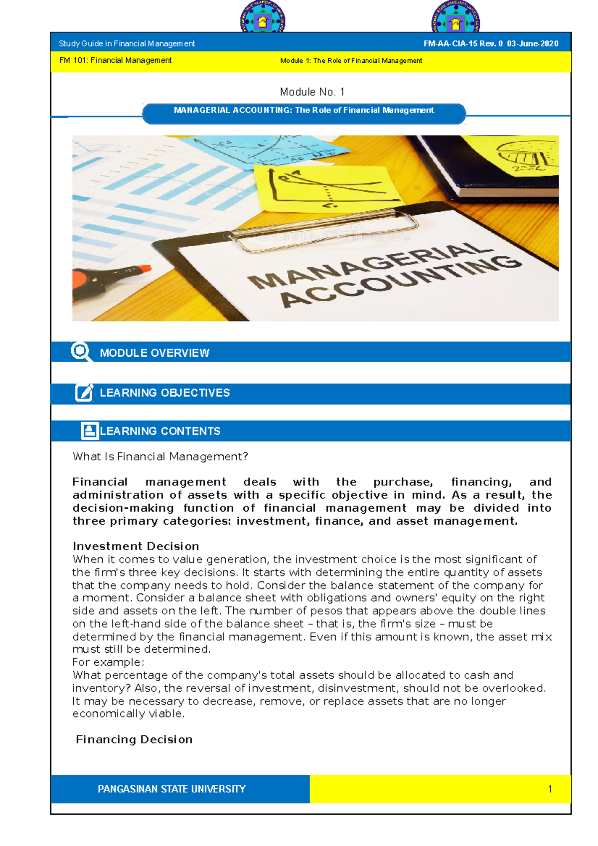 FM-101-SG-1 (1)-1 - Study guide - Module No. 1 MODULE OVERVIEW LEARNING ...