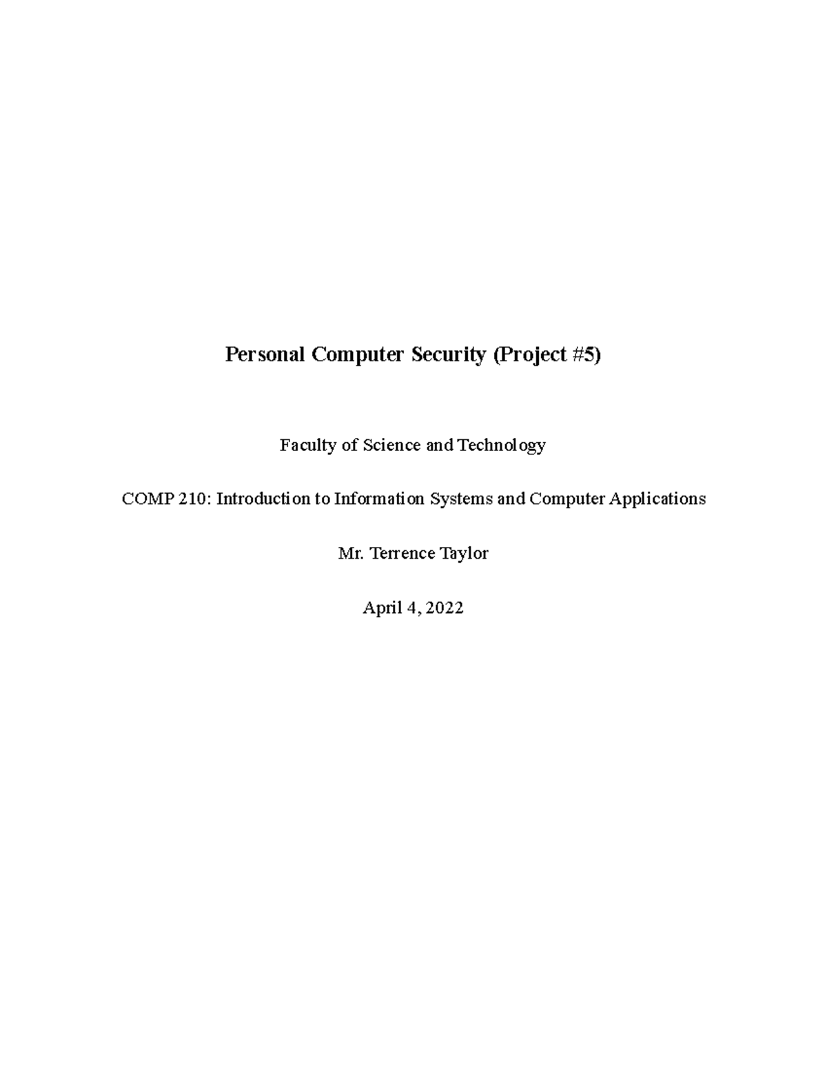 COMP 210 Project 5 - Personal Computer Security - Personal Computer ...