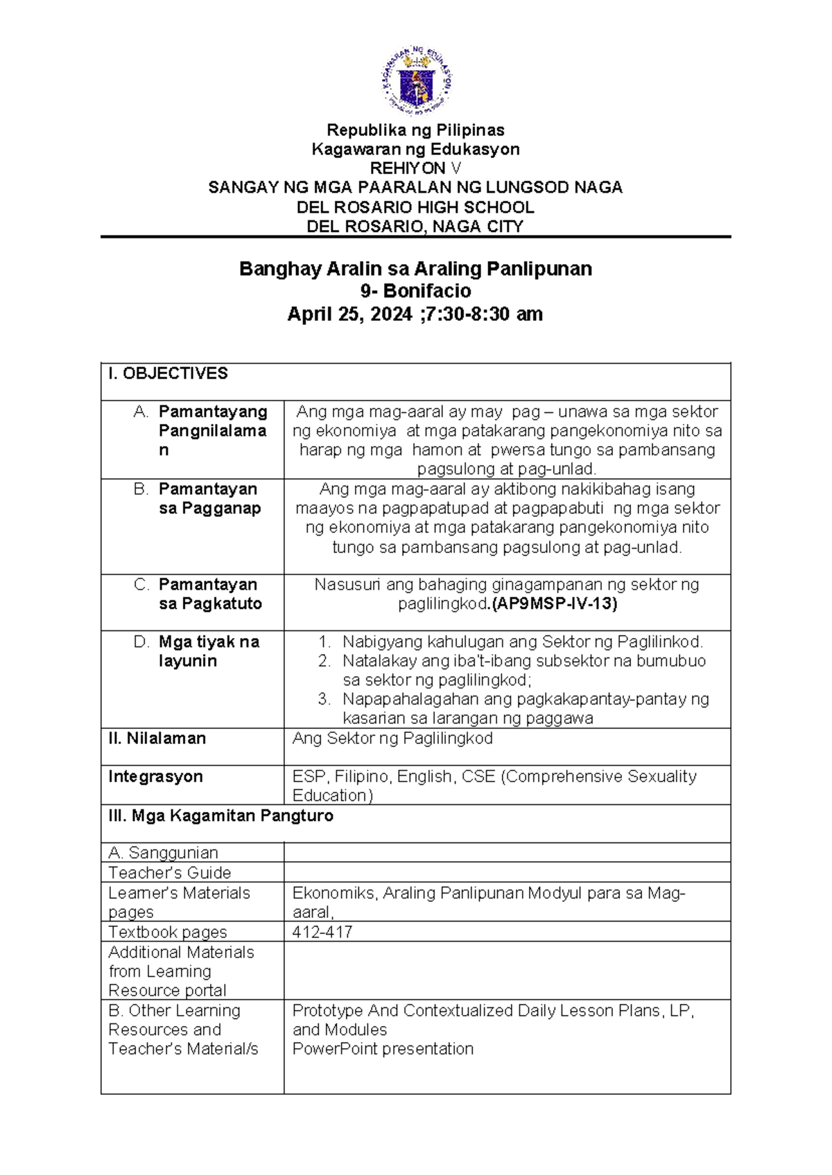 AP LP - LESSON PLAN - Republika ng Pilipinas Kagawaran ng Edukasyon REHIYON V SANGAY NG MGA ...
