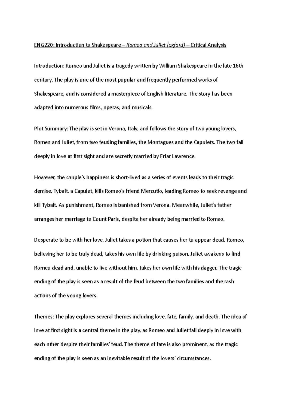 ENG220 - Romeo and Juliet (oxford) - ENG220: Introduction to ...