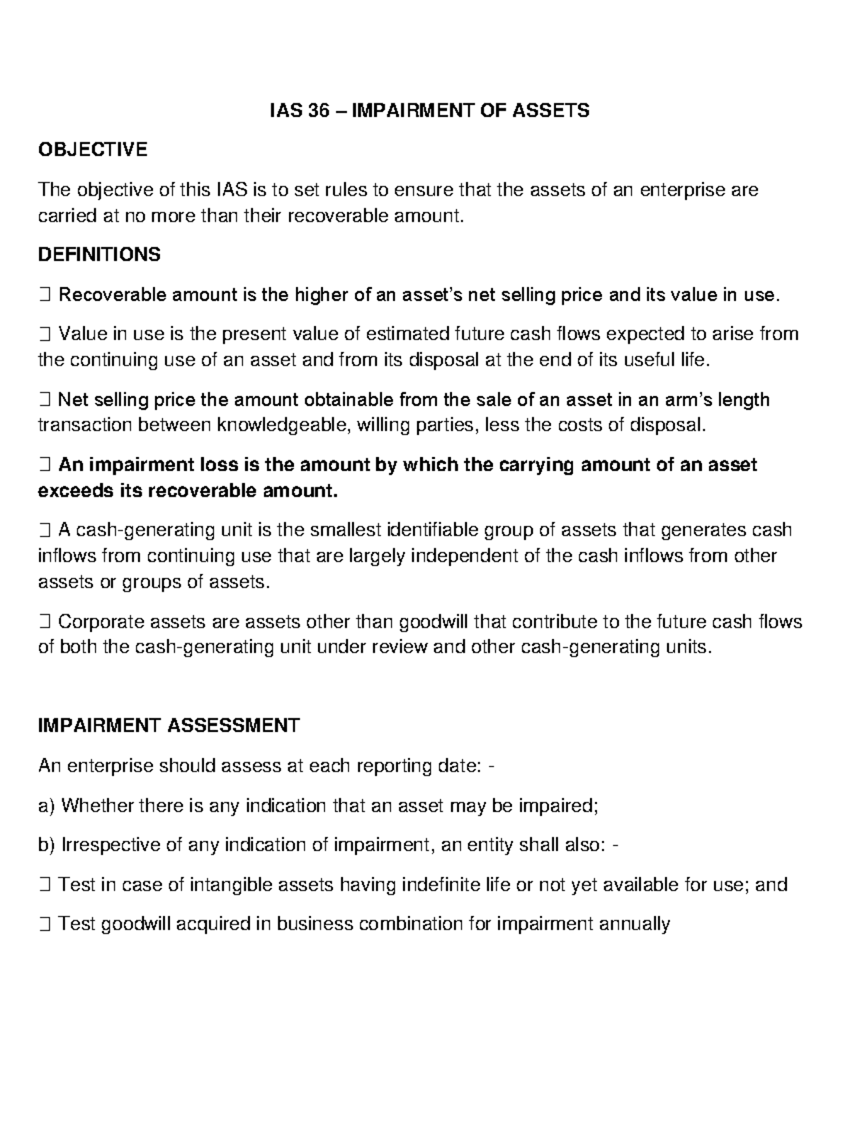 IAS 36 - IAS 36 – IMPAIRMENT OF ASSETS OBJECTIVE The objective of this ...