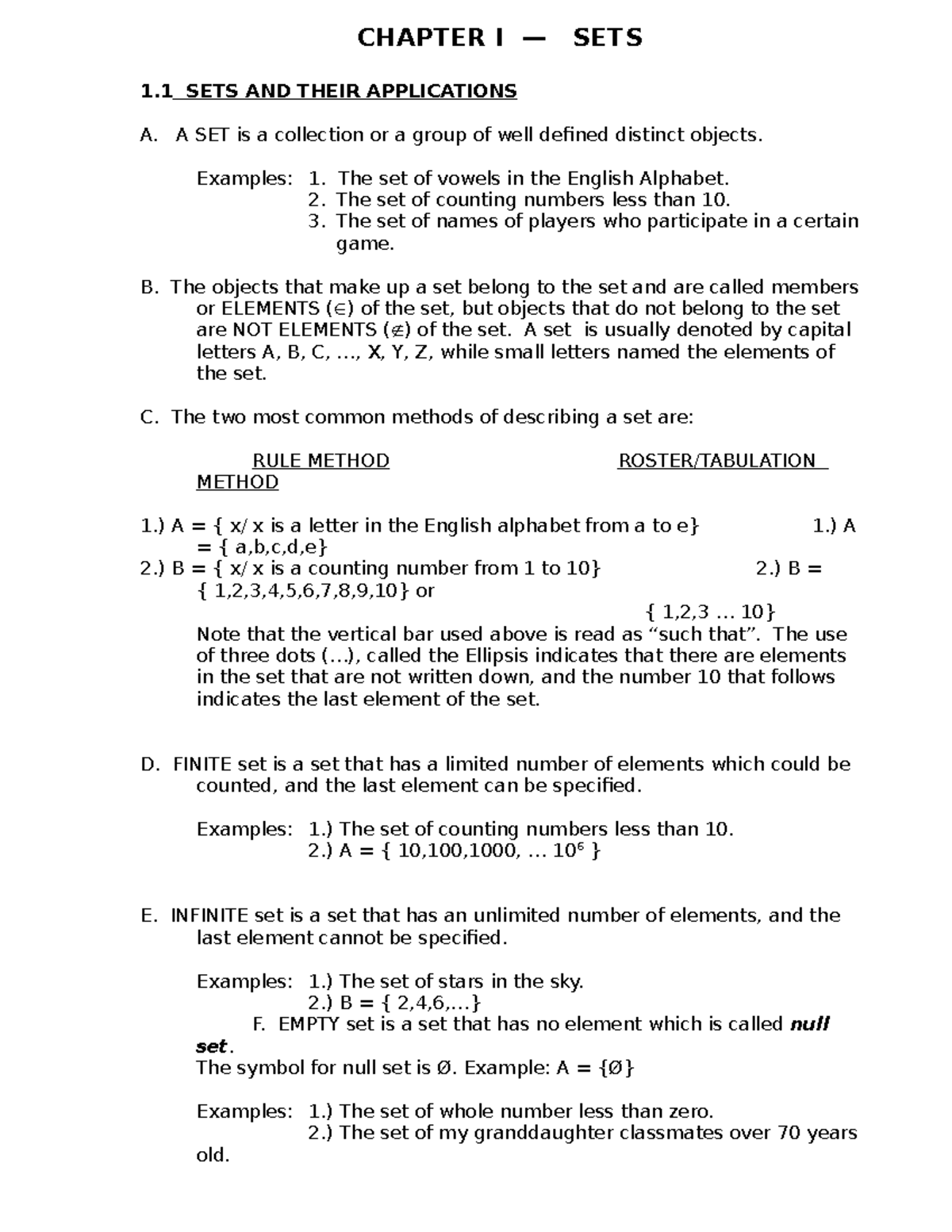Chapter I - SETS - Notes about Sets - CHAPTER I — SETS 1 SETS AND THEIR ...