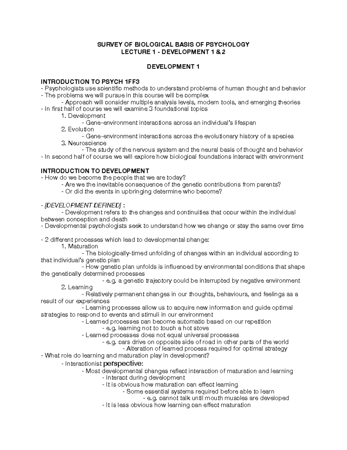 1FF3 WEEK 1 Lecture Notes - SURVEY OF BIOLOGICAL BASIS OF PSYCHOLOGY ...
