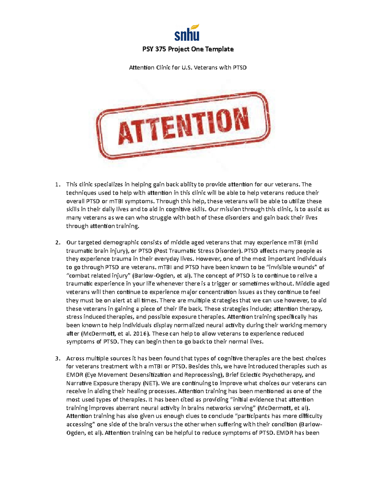 PSY 375 Project One - PSY 375 Project One Template Attention Clinic for ...