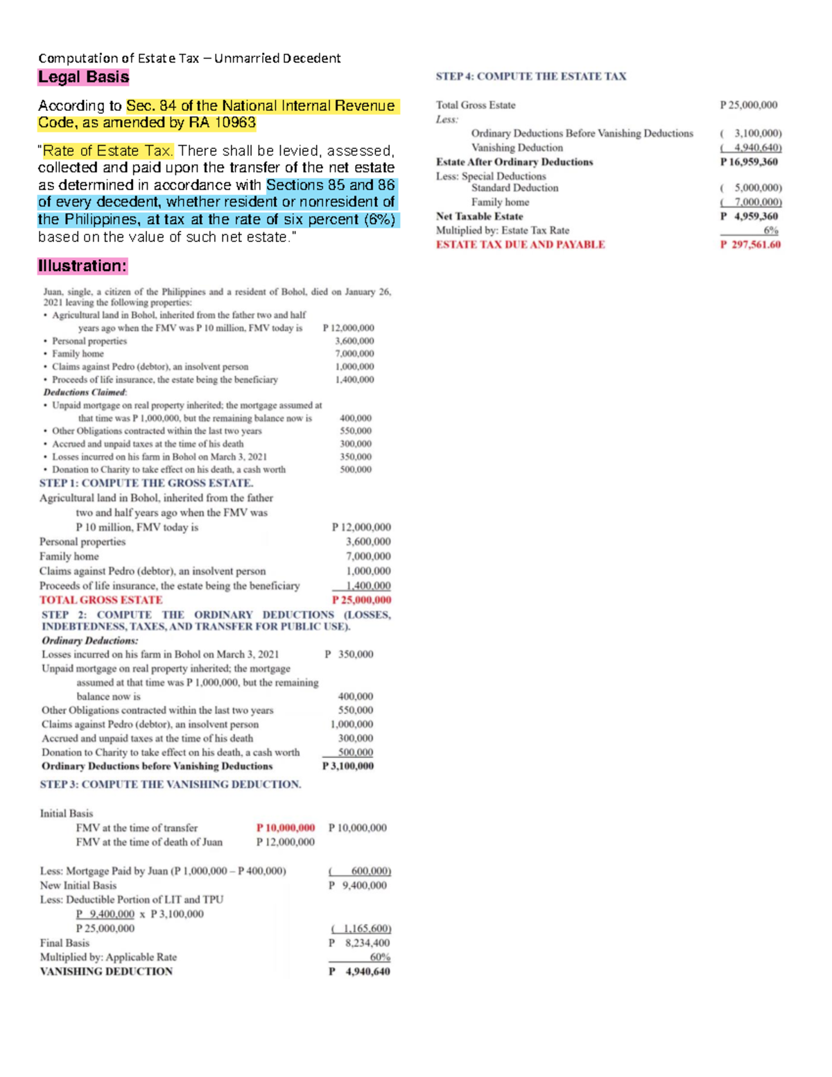 Computation of Estate Tax - 84 of the National Internal Revenue Code ...