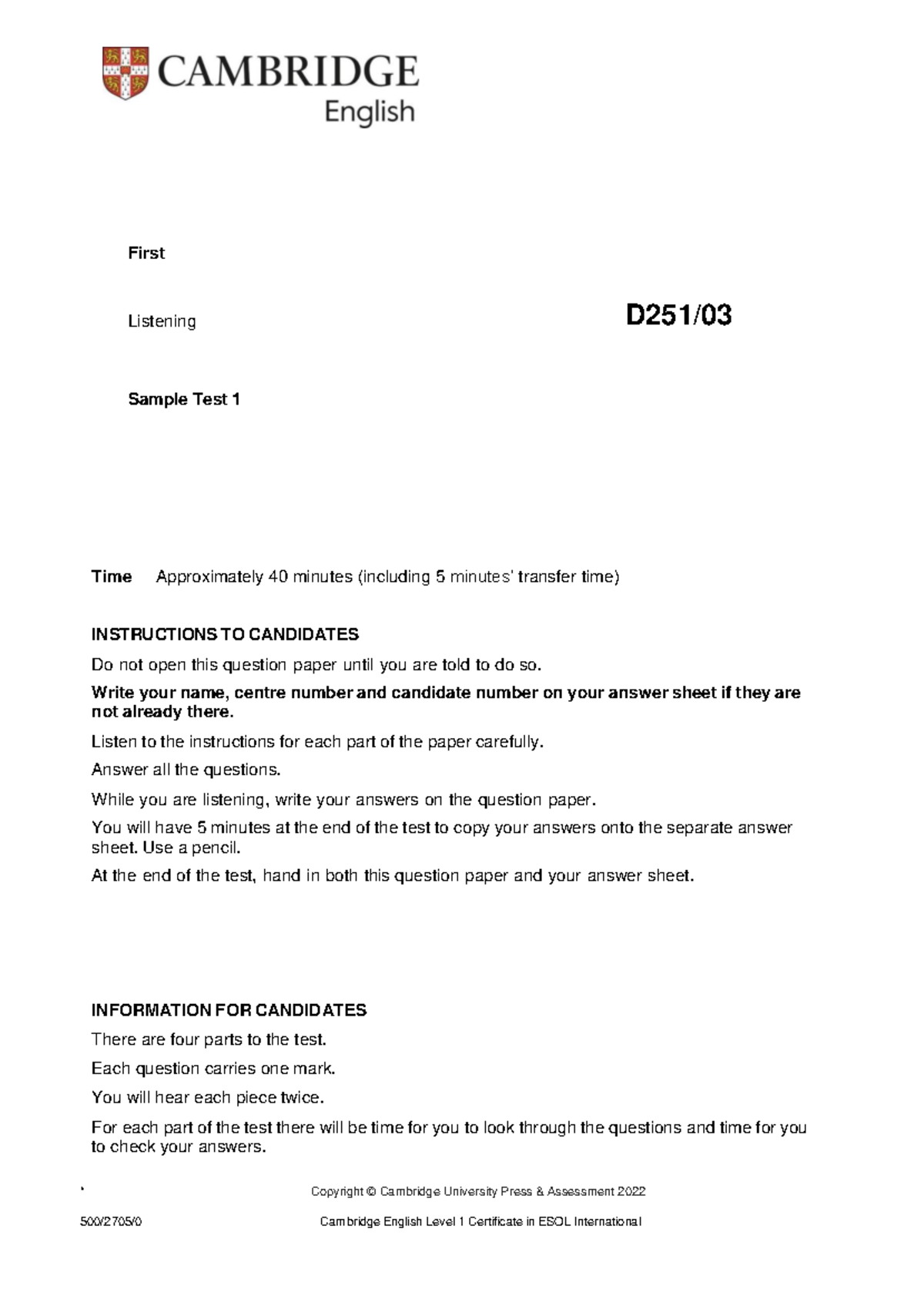 Examen Cambridge - First Listening D251/ Sample Test 1 Time ...