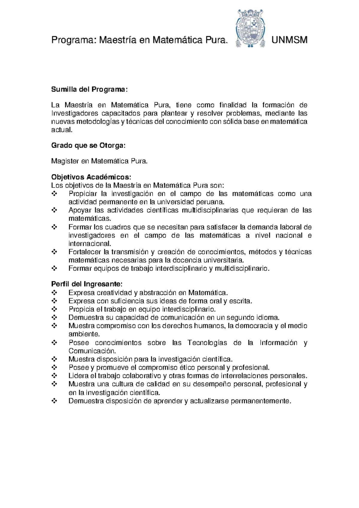 Plan de Estudio - Matemática Pura - 2023 - Sumilla del Programa: La ...