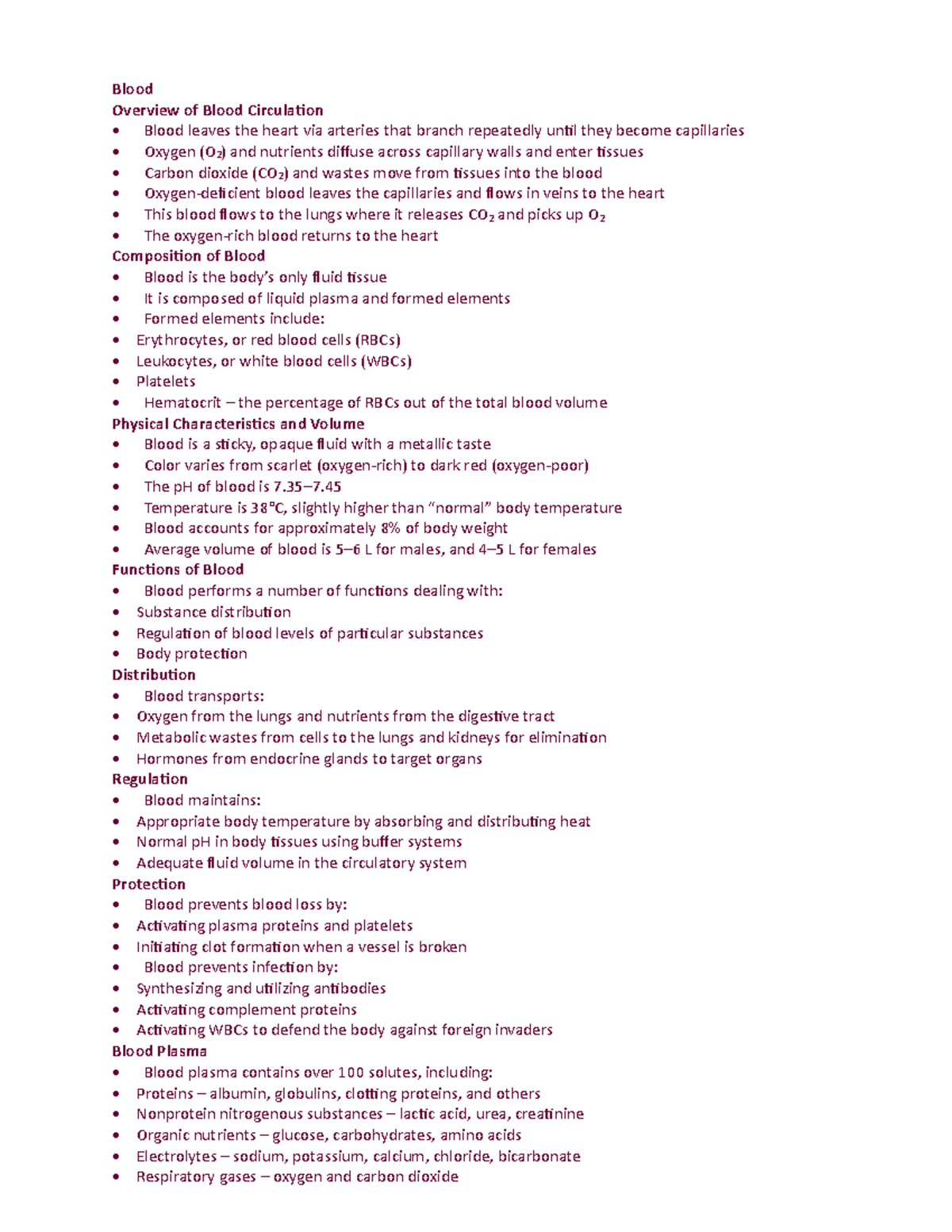 Blood notes - Blood Overview of Blood Circulation Blood leaves the ...