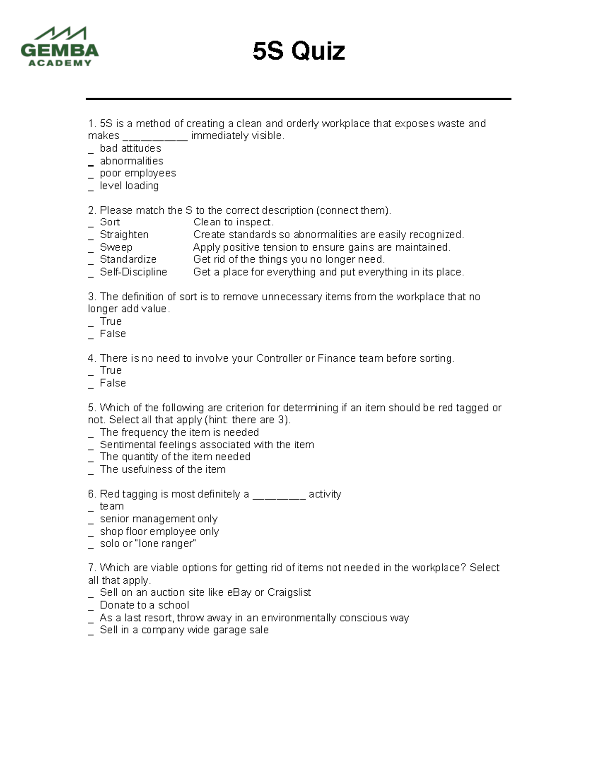 5S-quiz - examen 5s - 5S is a method of creating a clean and orderly ...
