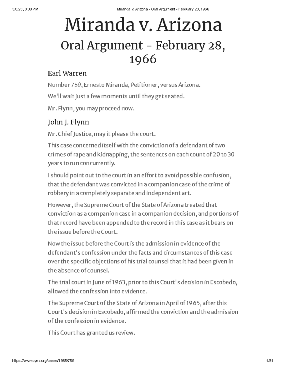 Miranda v. Arizona- Transcript - Miranda v. Arizona Oral Argument ...