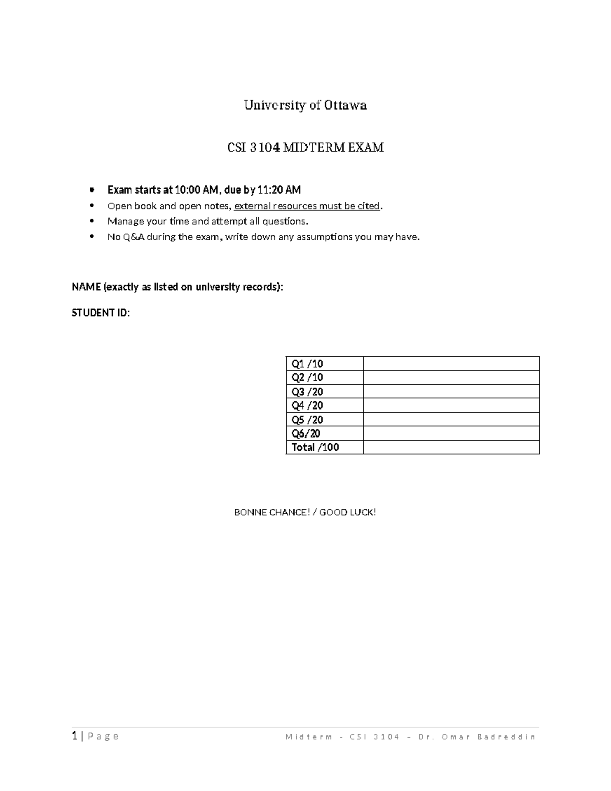 Midterm summer 2024 - njkhkjhkjhkh - University of Ottawa CSI 3104 ...