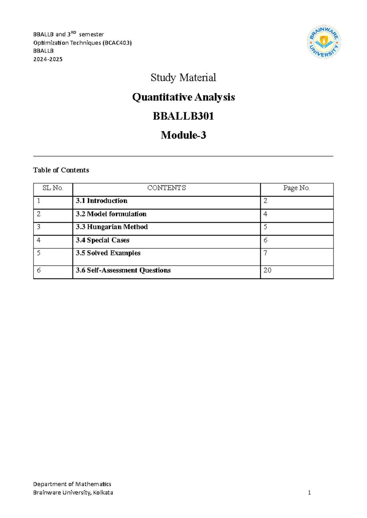 Bballb 301 Class Note M3 - Optimization Techniques (BCAC403) BBALLB 2024 - 2025 Department of ...