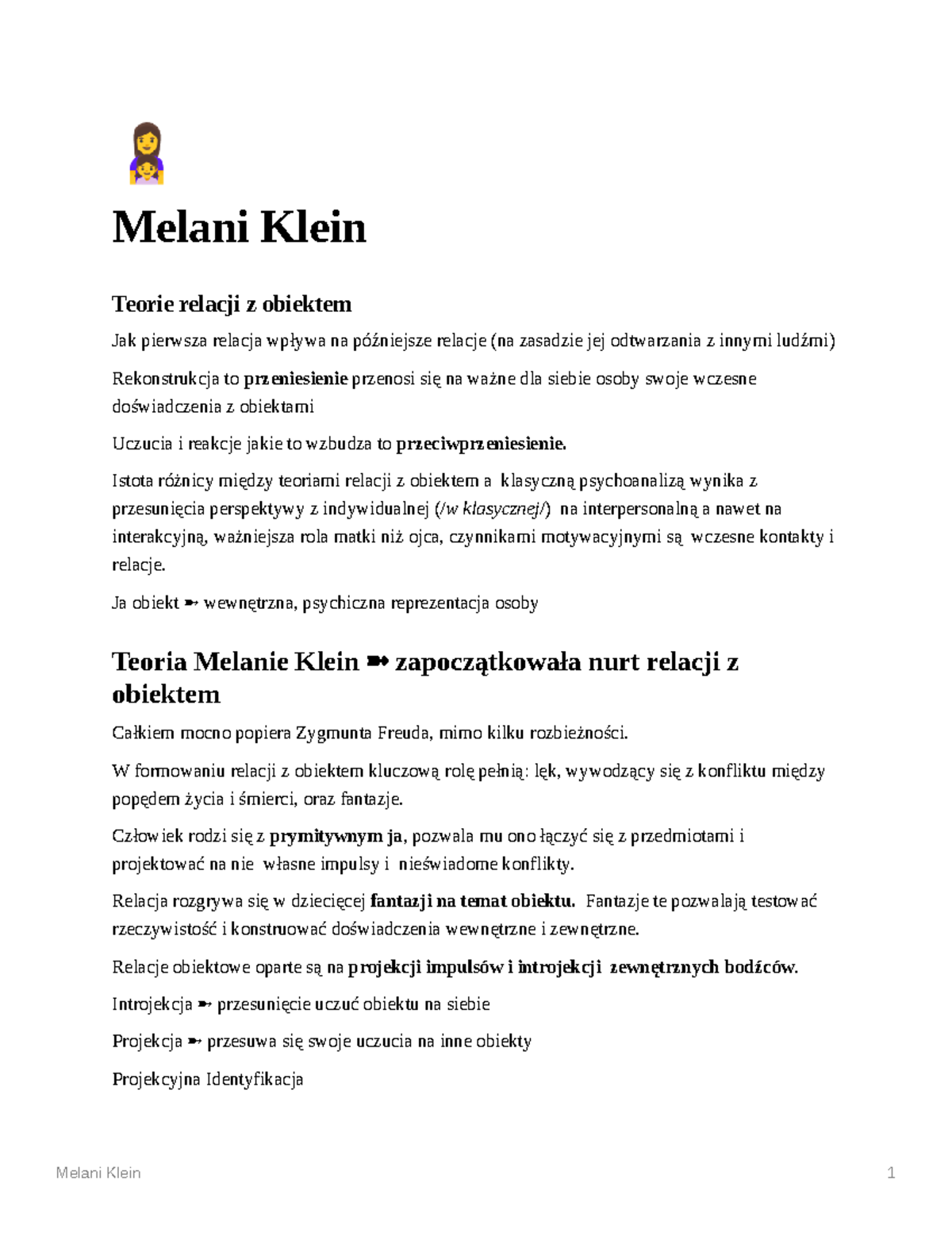 Melani Klein - Istota różnicy między teoriami relacji z obiektem a ...