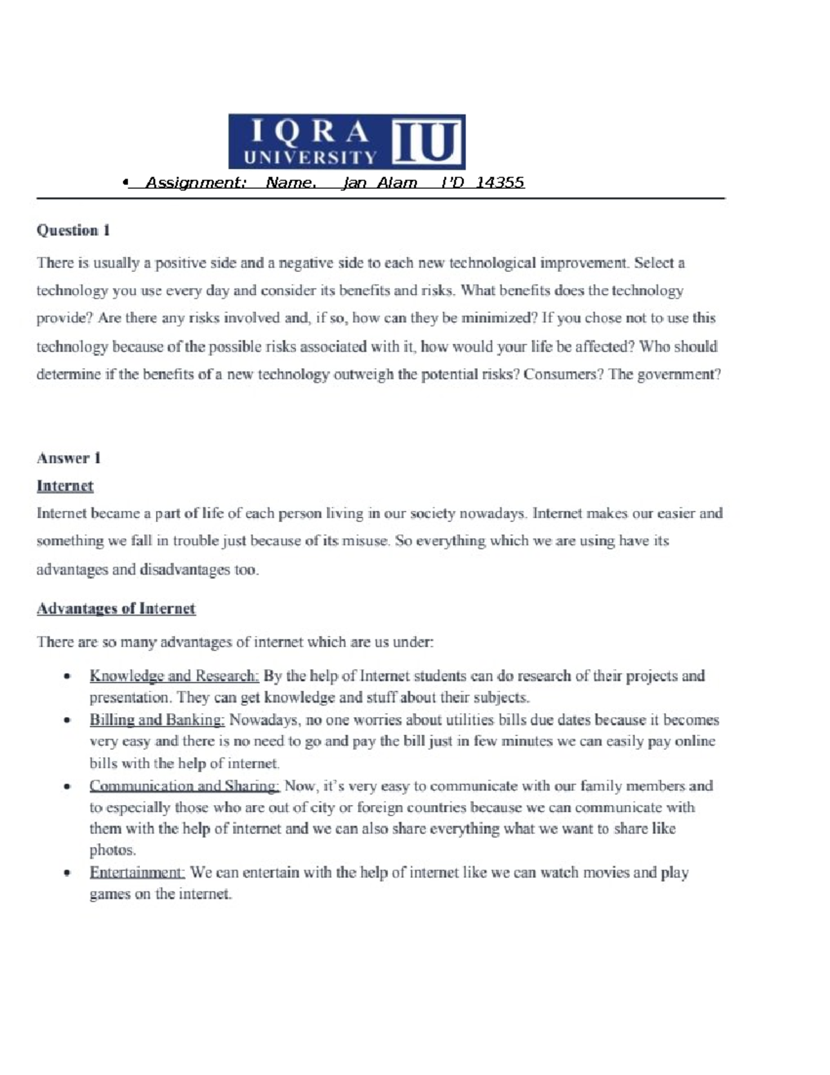 ICT Assignment 01 - We gave benefits for other students - Iqra ...