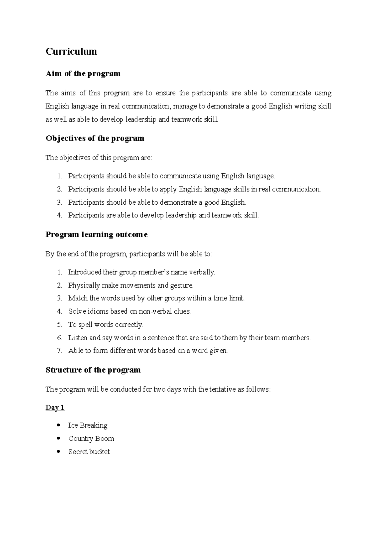 Curriculum course design project - Curriculum Aim of the program The ...