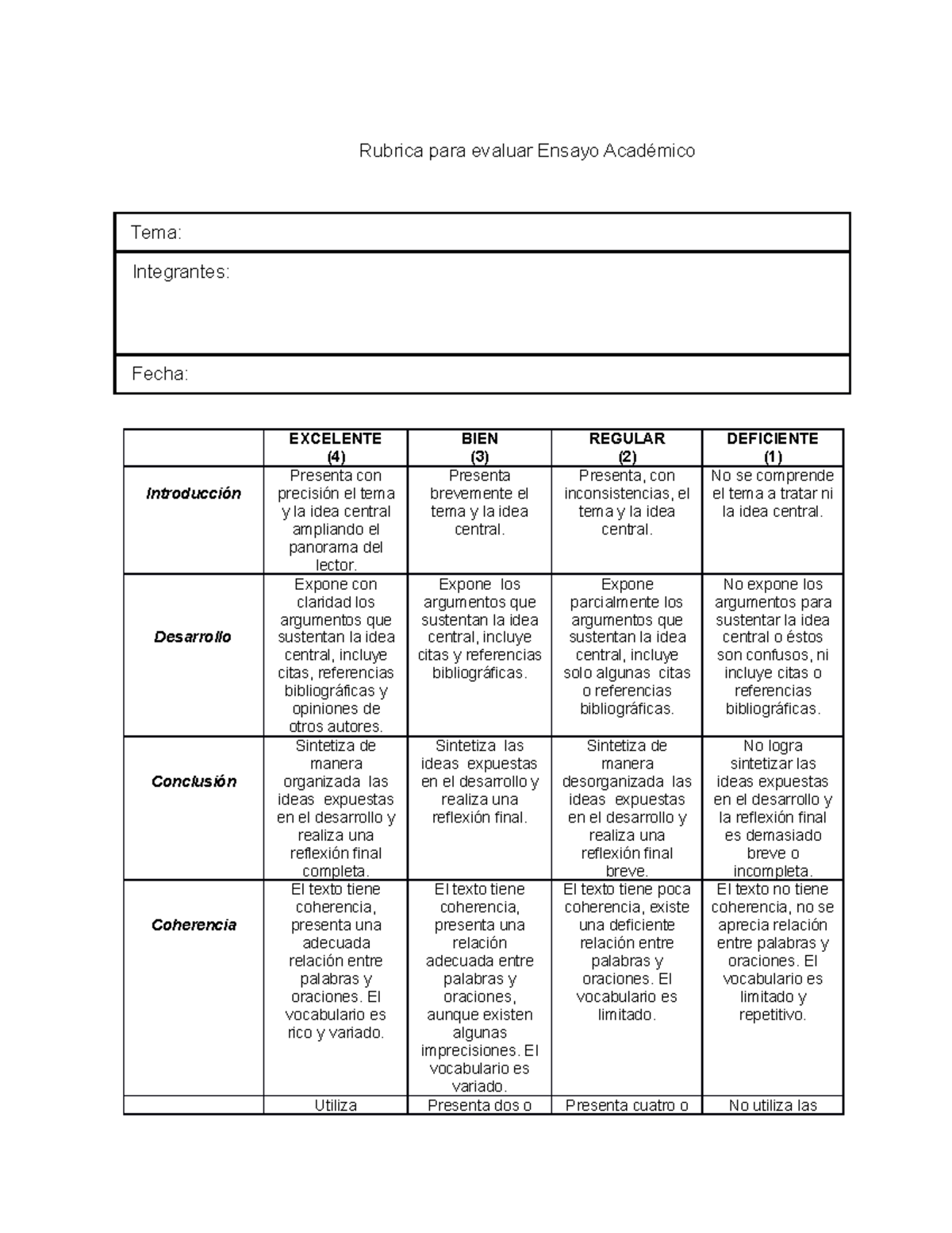 Rúbrica PARA Evaluar Ensayos 1 - Rubrica para evaluar Ensayo Académico ...