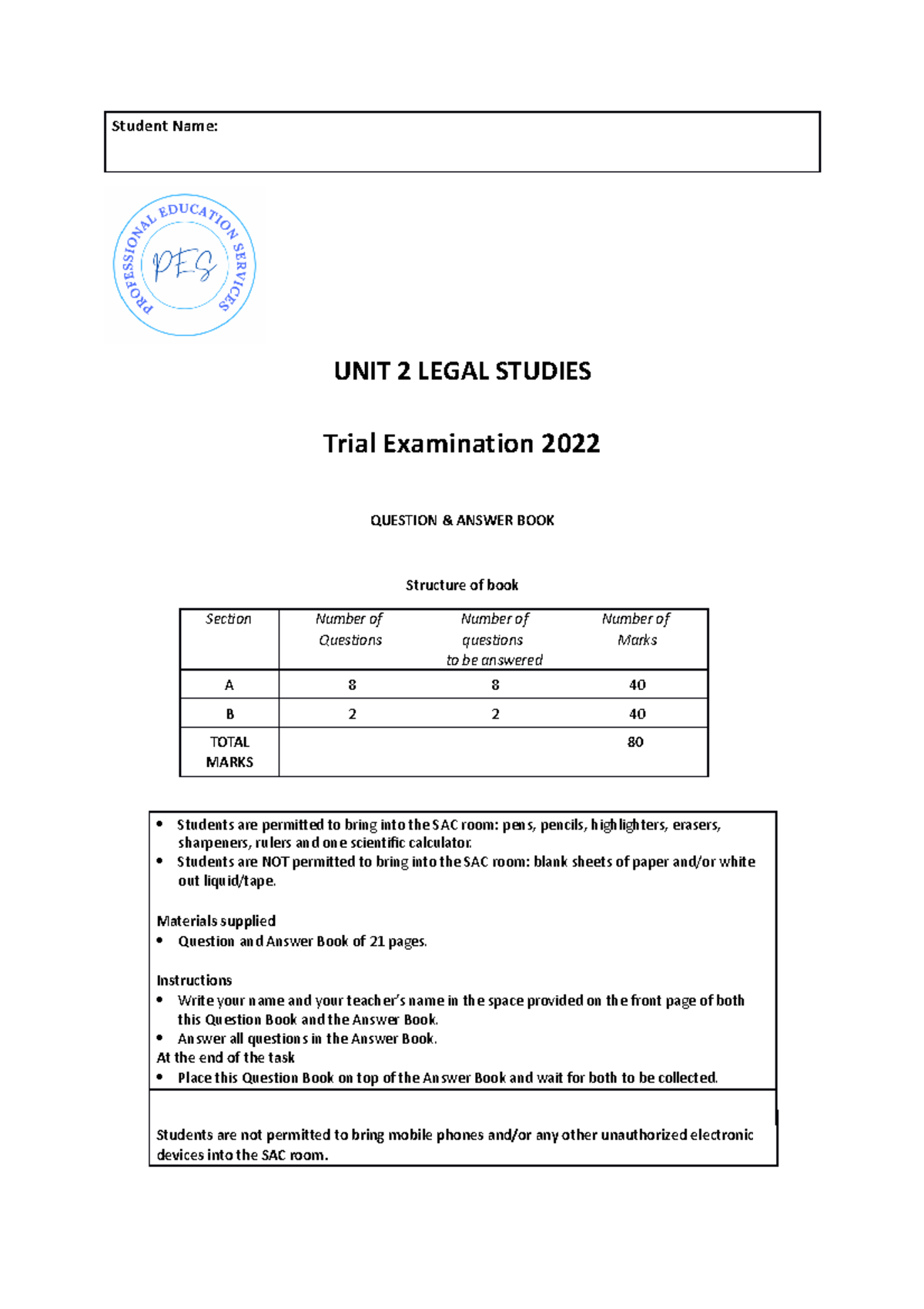 PES 2022 Unit 2 Legal Studies Practice Exam - Student Name: UNIT 2 ...