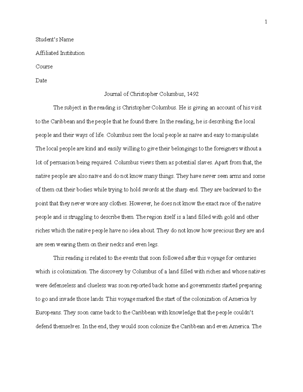 Reading Analysis - Journal of Christopher Columbus, 1492 - 1 Student’s ...
