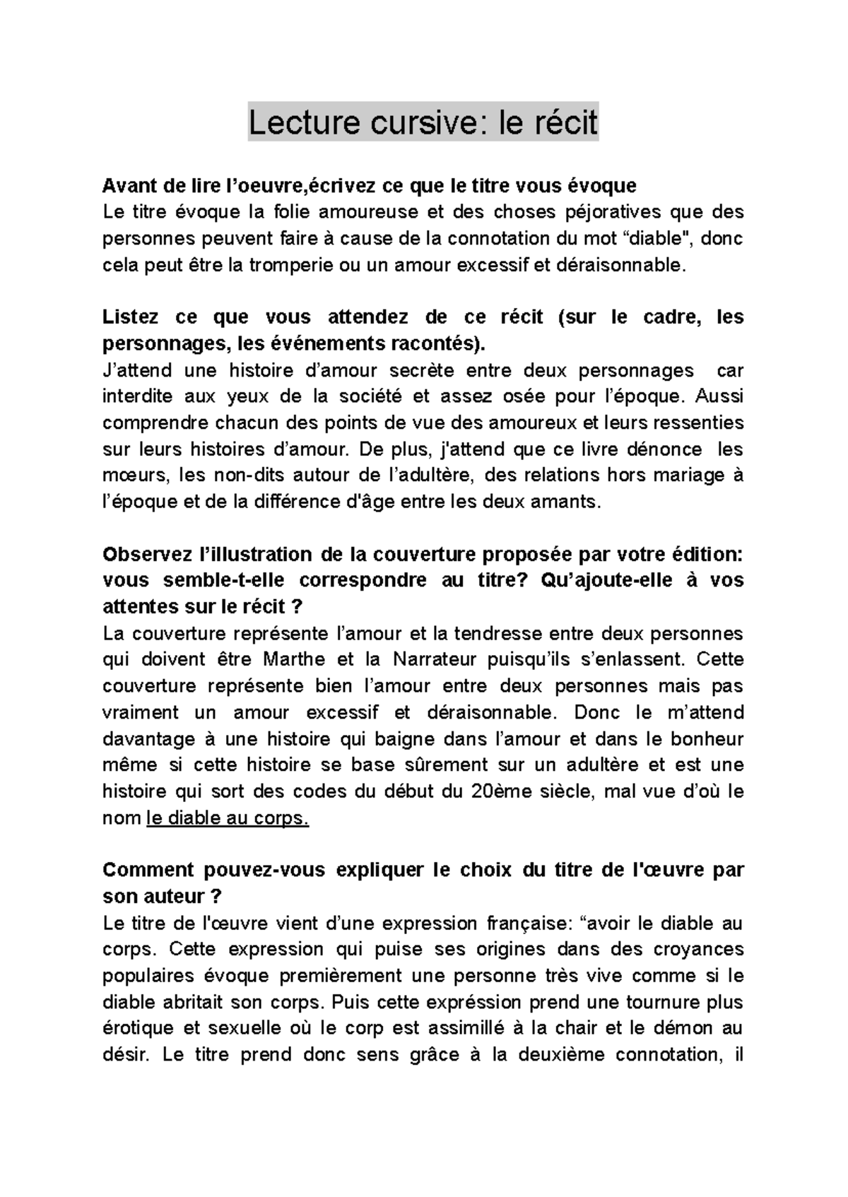 Lecture cursive le diable au corps - Lecture cursive: le récit Avant de ...