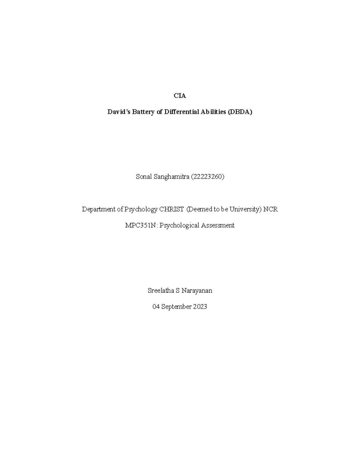 DBDA-Sonal Sanghamitra-22223260 - CIA David’s Battery of Differential ...