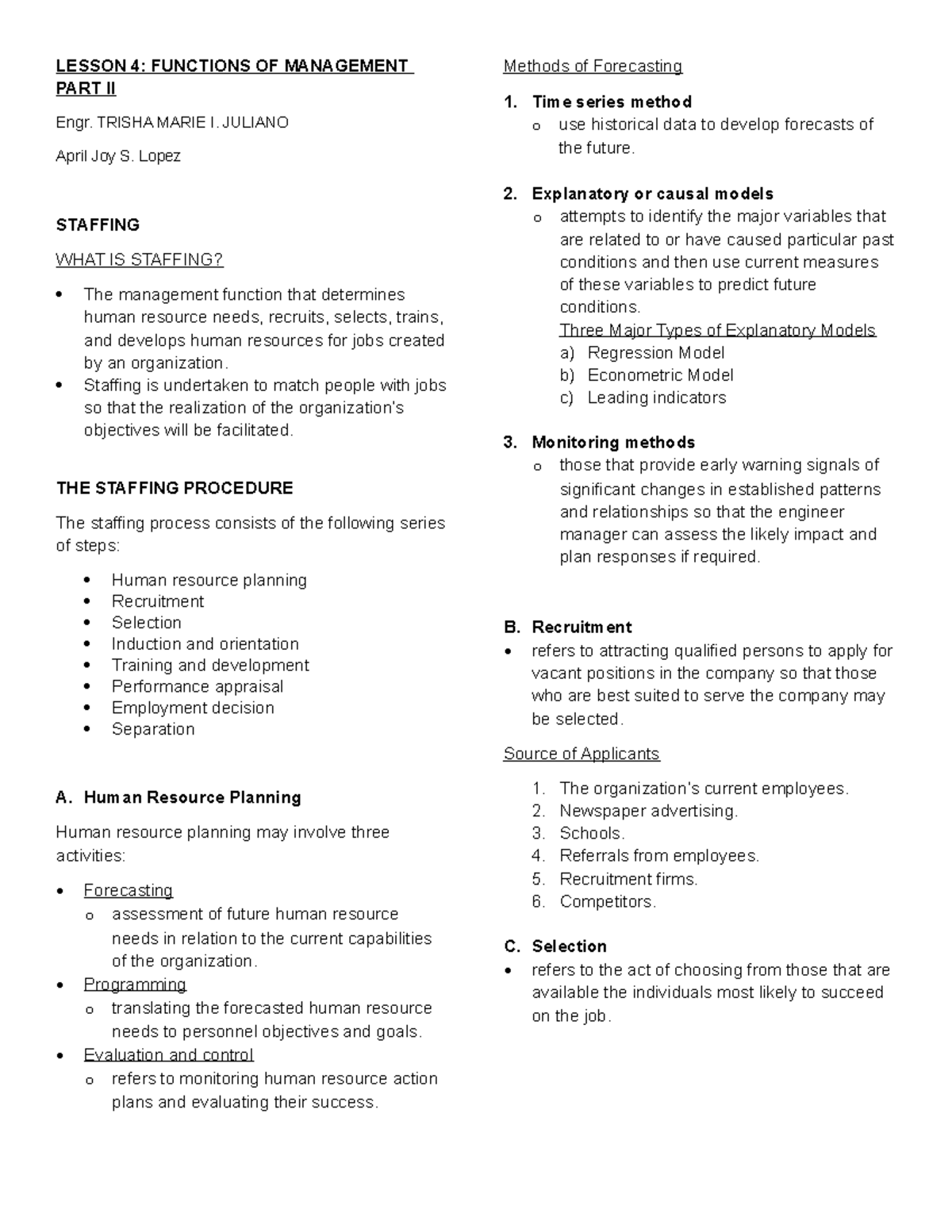 ENGS32A- Reviewer - LESSON 4: FUNCTIONS OF MANAGEMENT PART II Engr ...