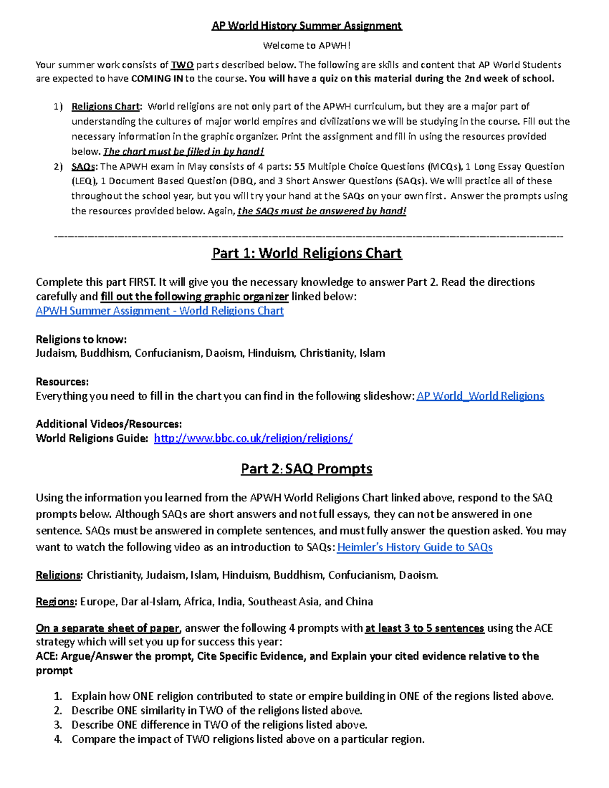 APWorld History Summer Assignment 2024 - AP World History Summer ...
