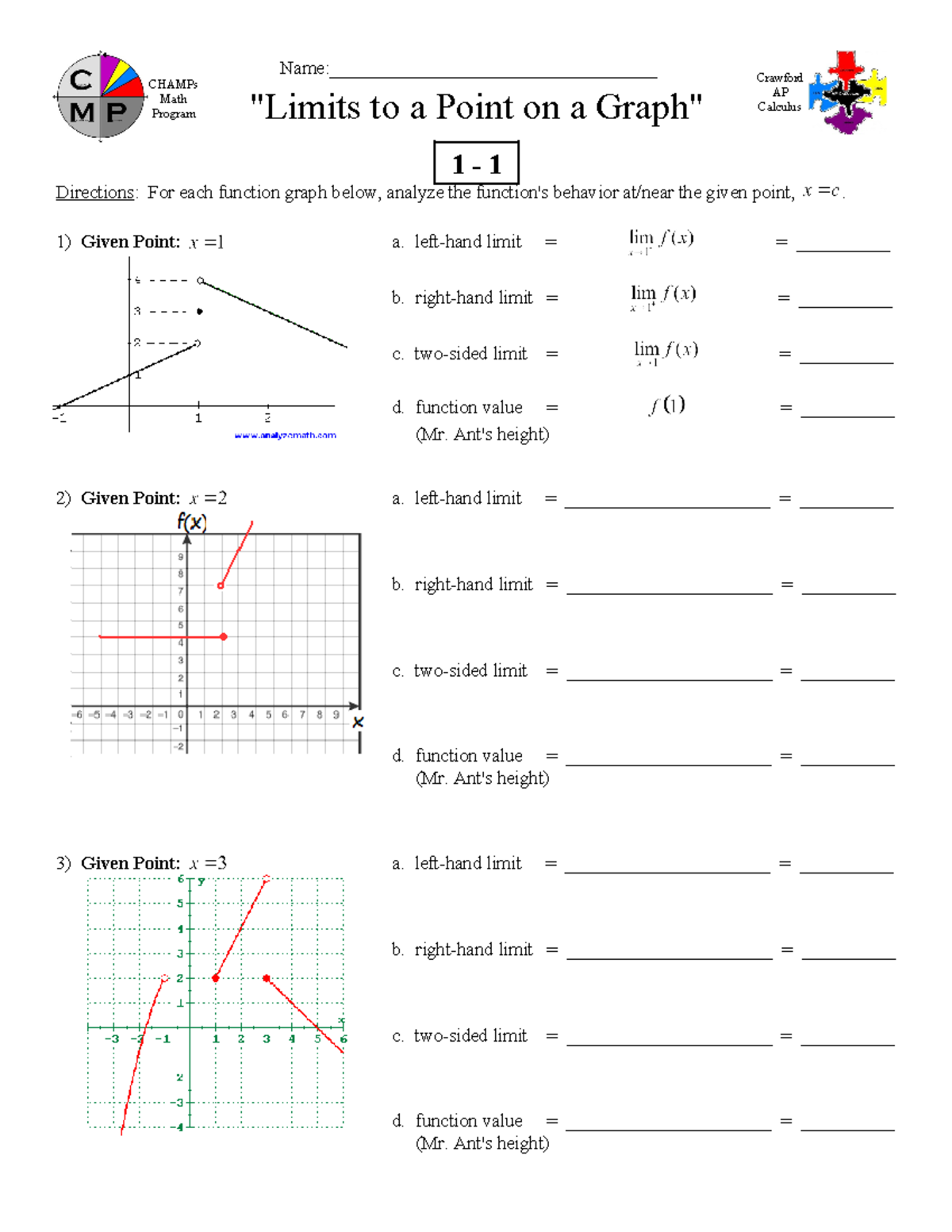 AP Calc AB - worksheet 1-1 - limits to a point on a graph - Name