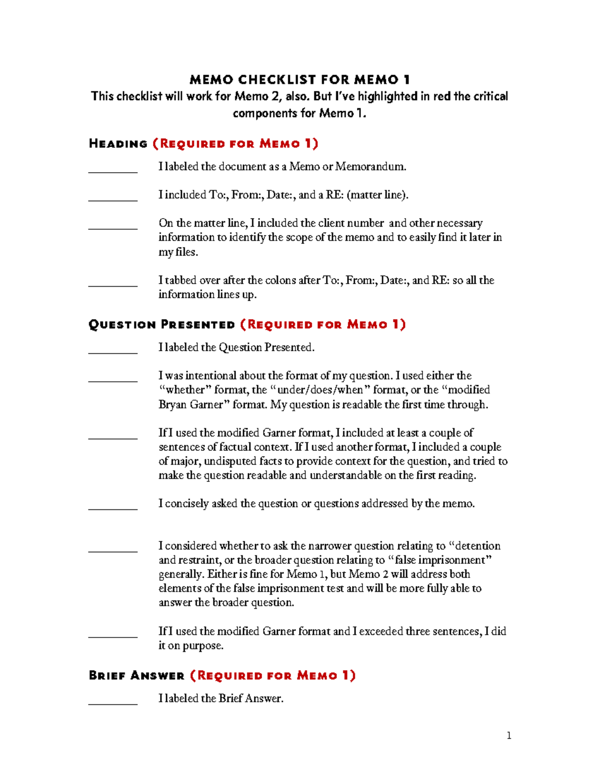 Memorandum Checklist 2022 - MEMO CHECKLIST FOR MEMO 1 This checklist ...