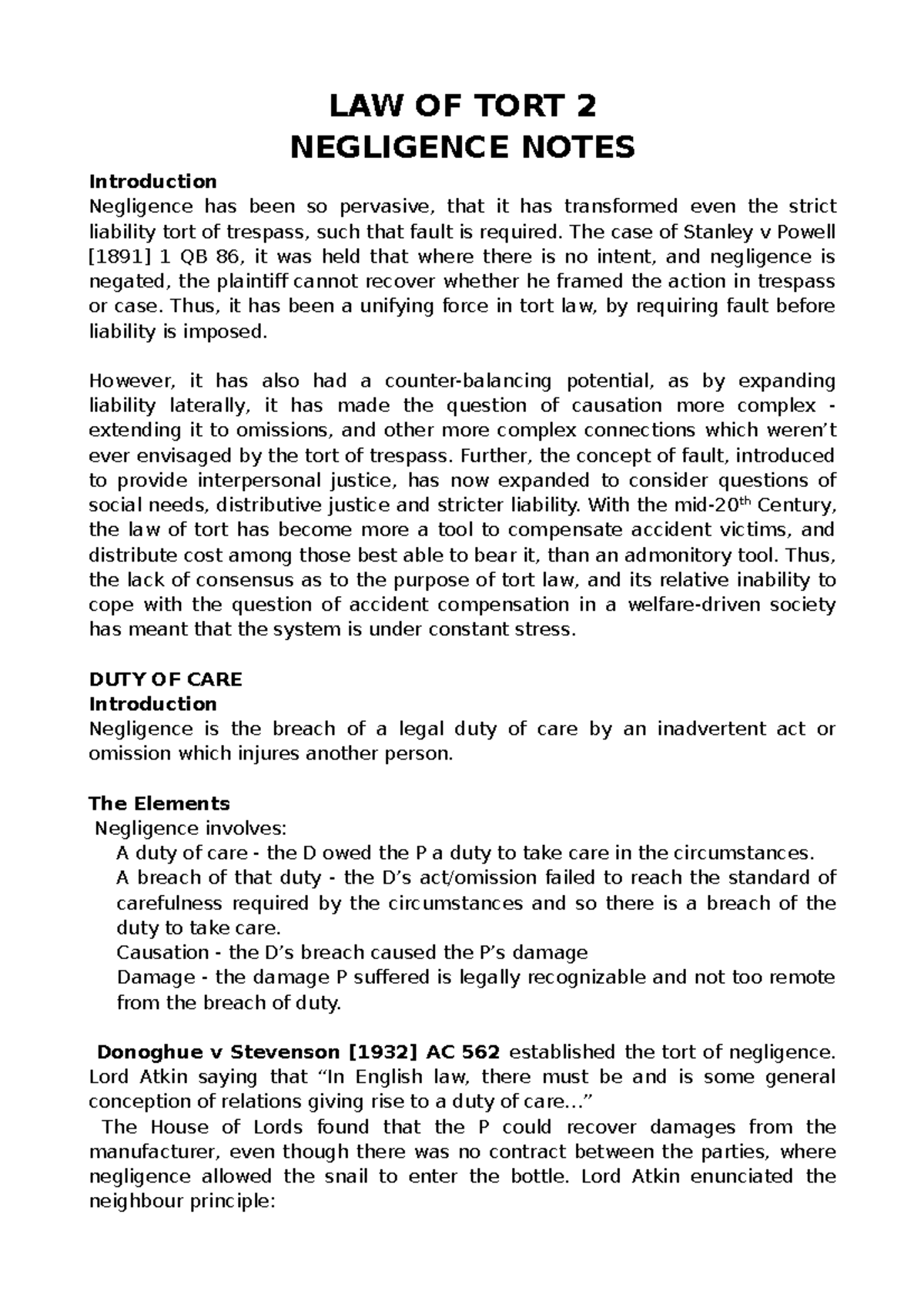 Negligence Notes - for class and research purposes - LAW OF TORT 2 ...
