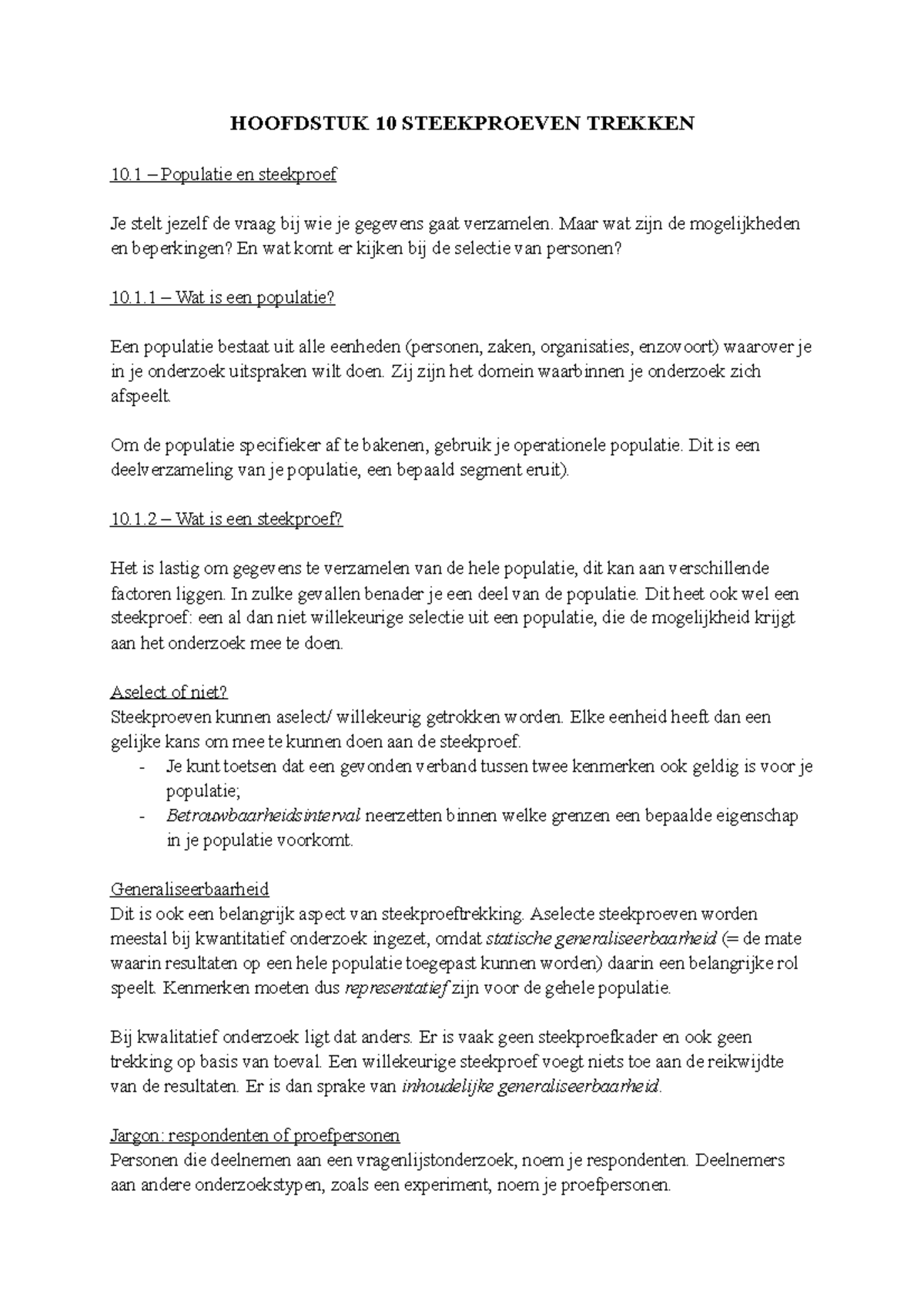 Hoofdstuk 10 - samenvatting - HOOFDSTUK 10 STEEKPROEVEN TREKKEN 10 ...