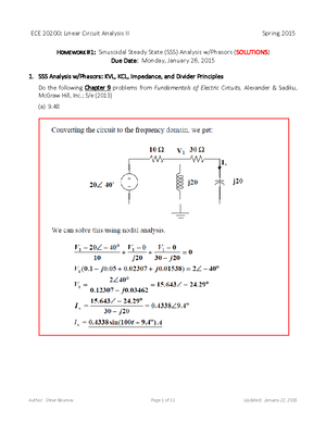 Hw2 sol - HW solutions - ECE 20200: Linear Circuit Analysis II ECE Department Purdue University ...
