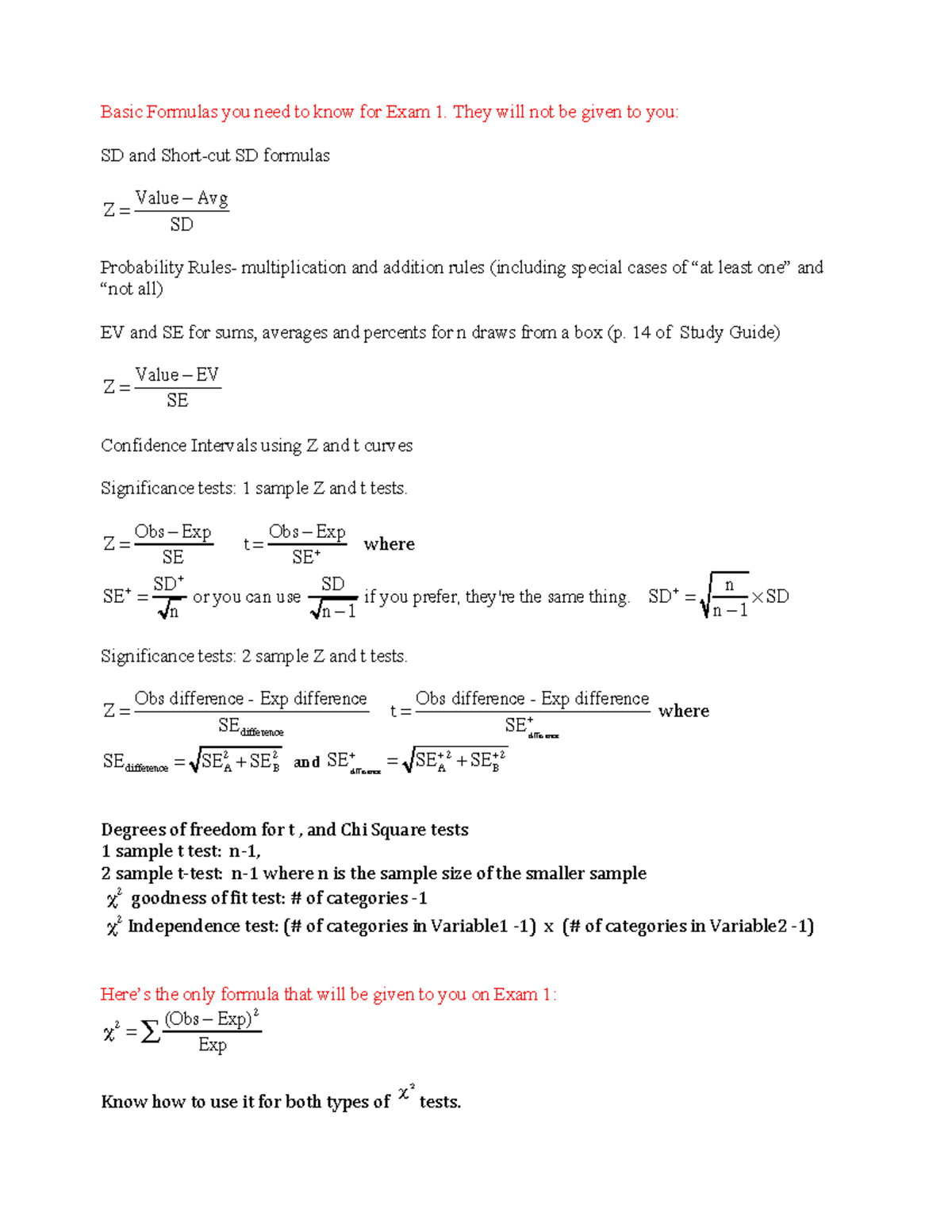 Exam1 Formulas - Basic Formulas you need to know for Exam 1. They will ...