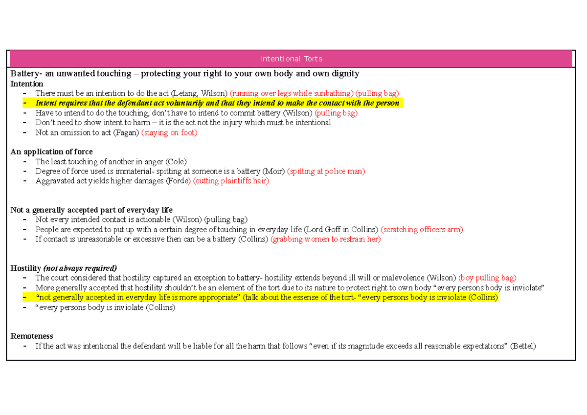 Torts summary table - Intentional Torts Battery- an unwanted touching ...