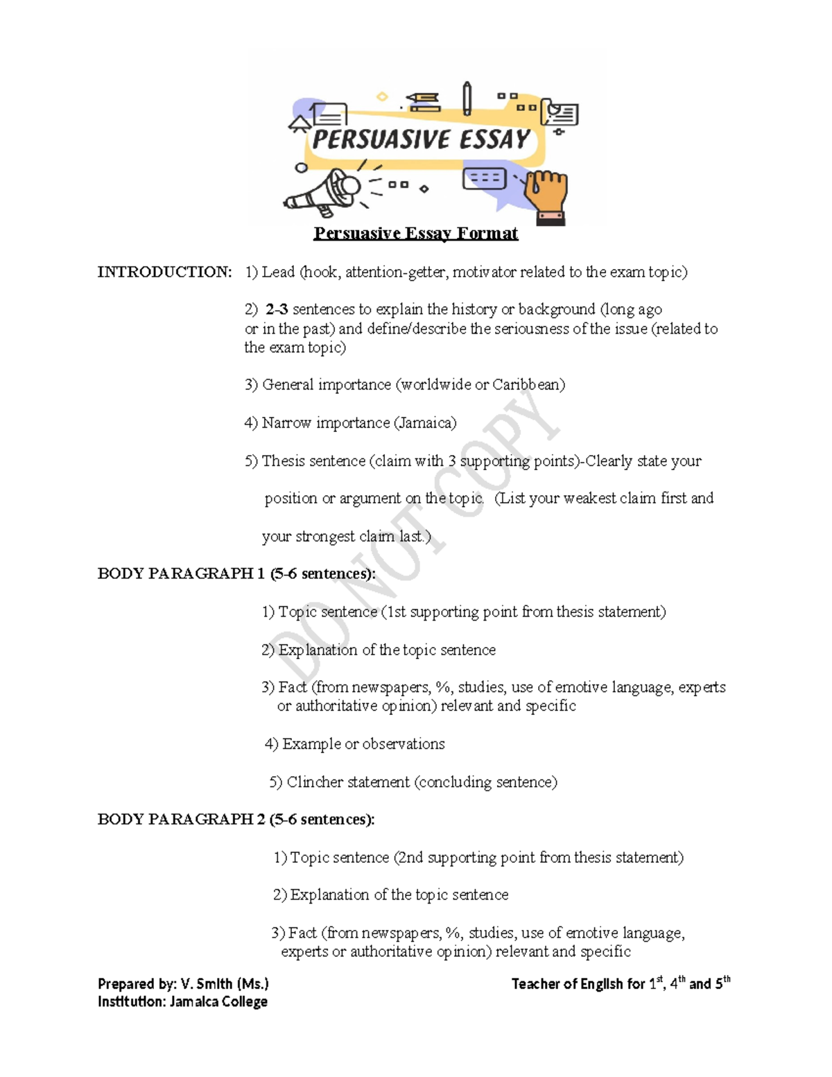 Persuasive Essay Format 1 - Persuasive Essay Format INTRODUCTION: 1 ...