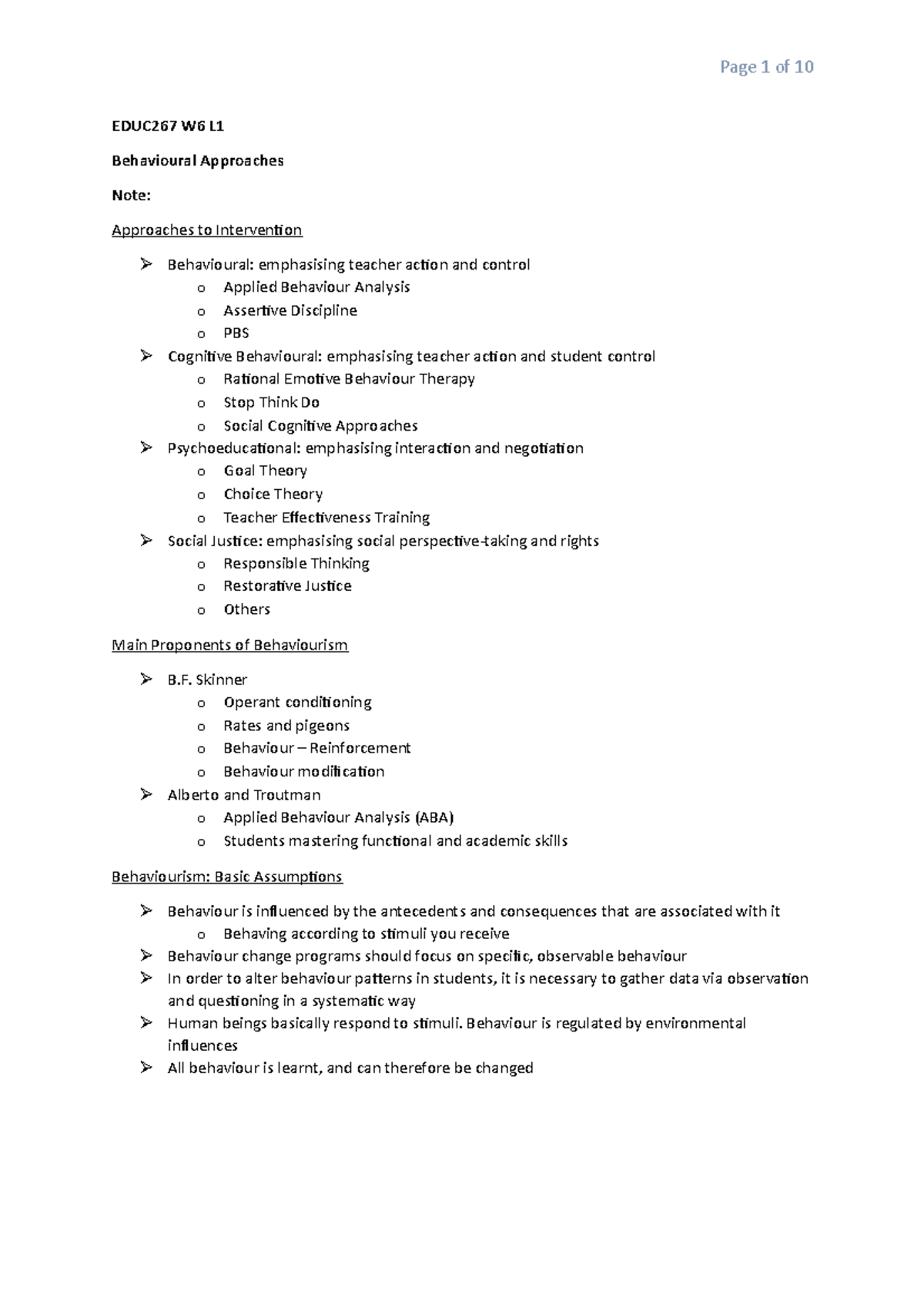 EDUC267 W6 L1 - Detailed lecture notes - EDUC267 W6 L Behavioural ...