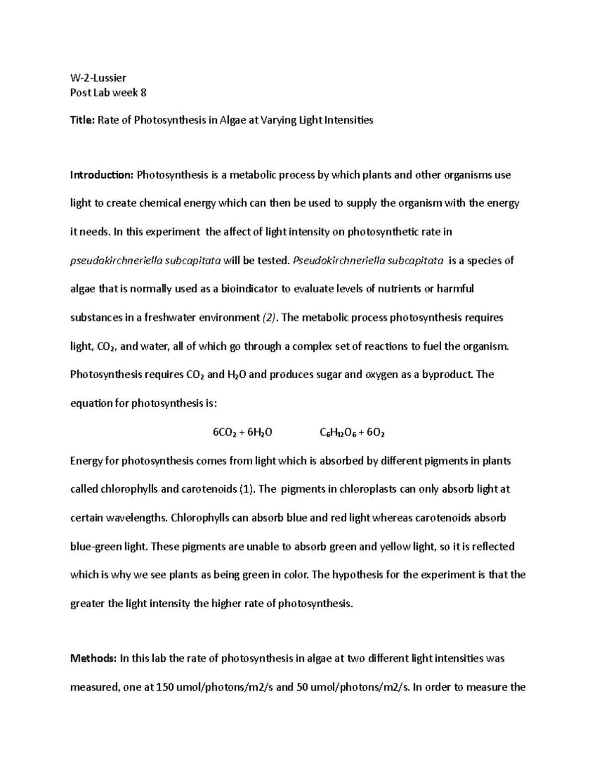 Lab write up - Rate of Photosynthesis in Algae at Varying Light ...