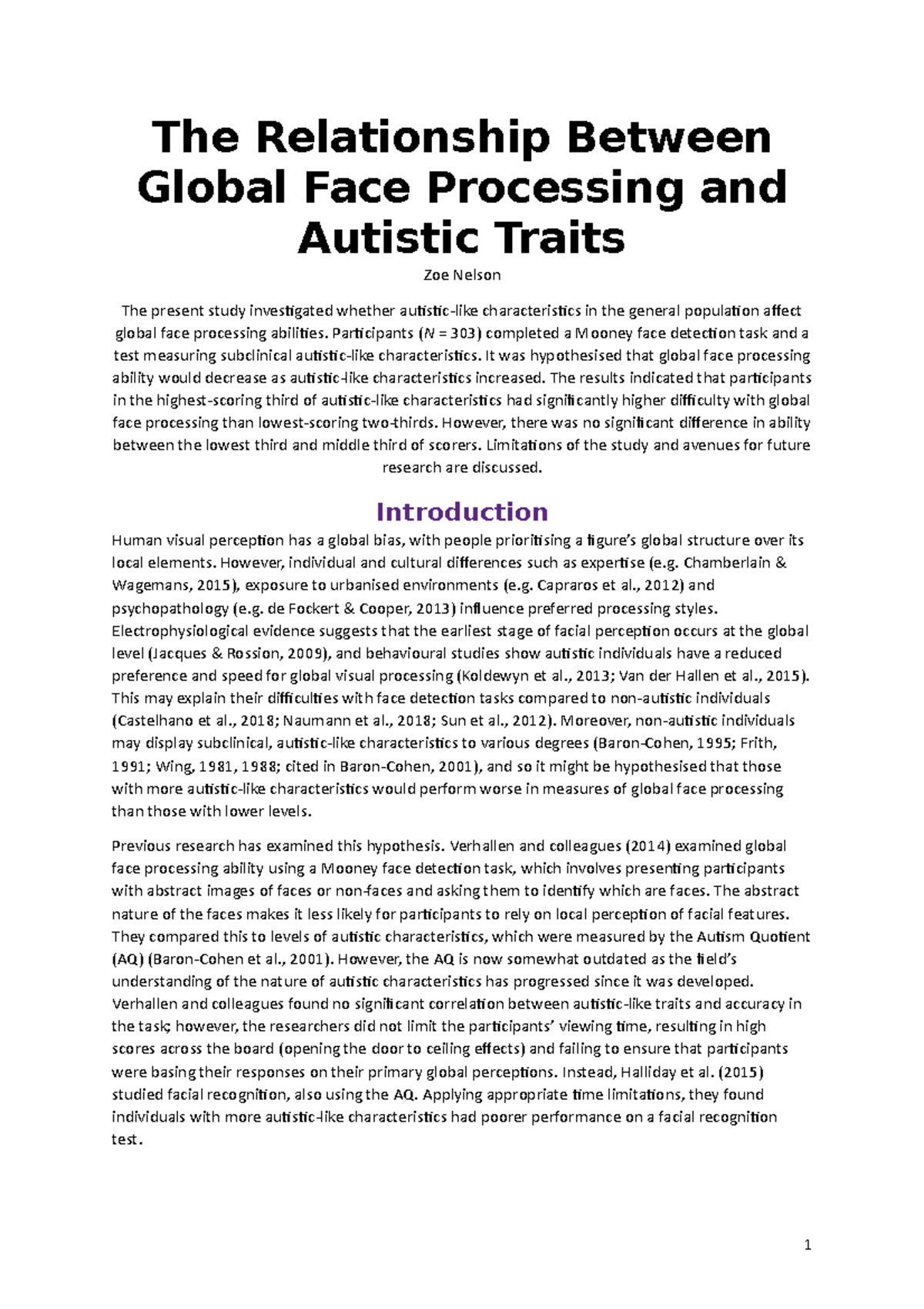 The Relationship Between Global Face Processing and Autistic Traits ...