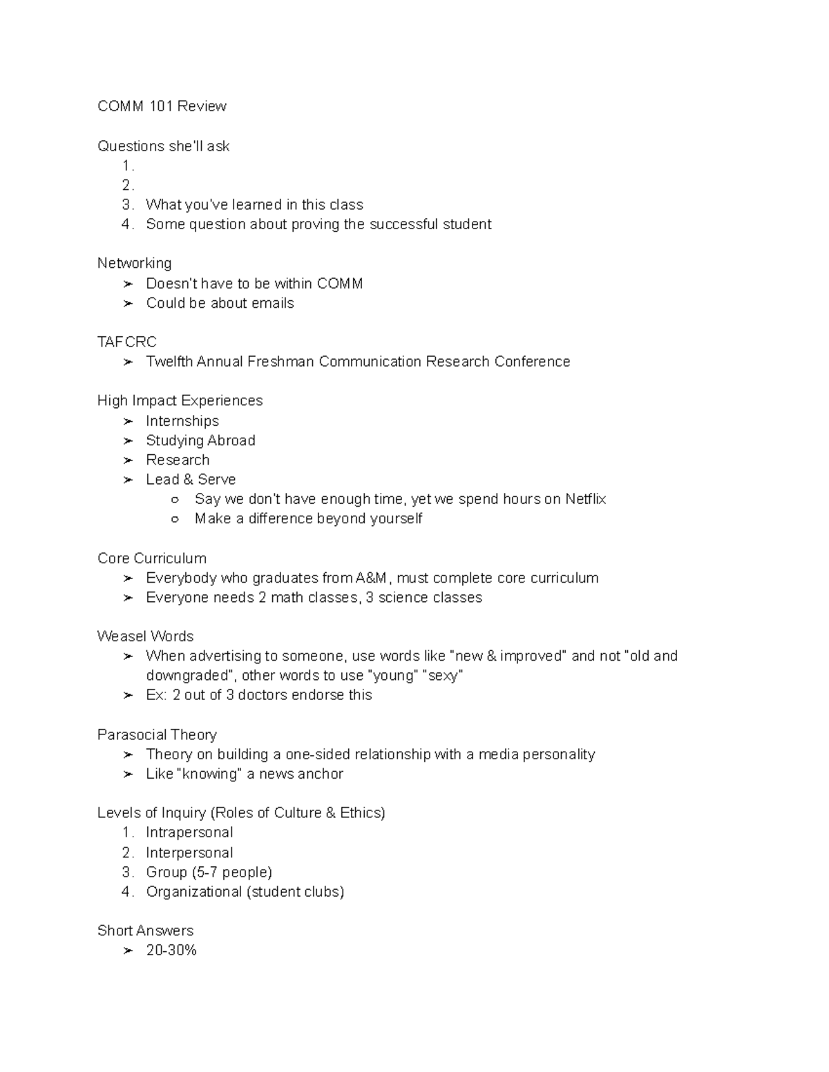 COMM 101 Review - COMM 101 Review Questions she’ll ask 1. 2. 3. What ...