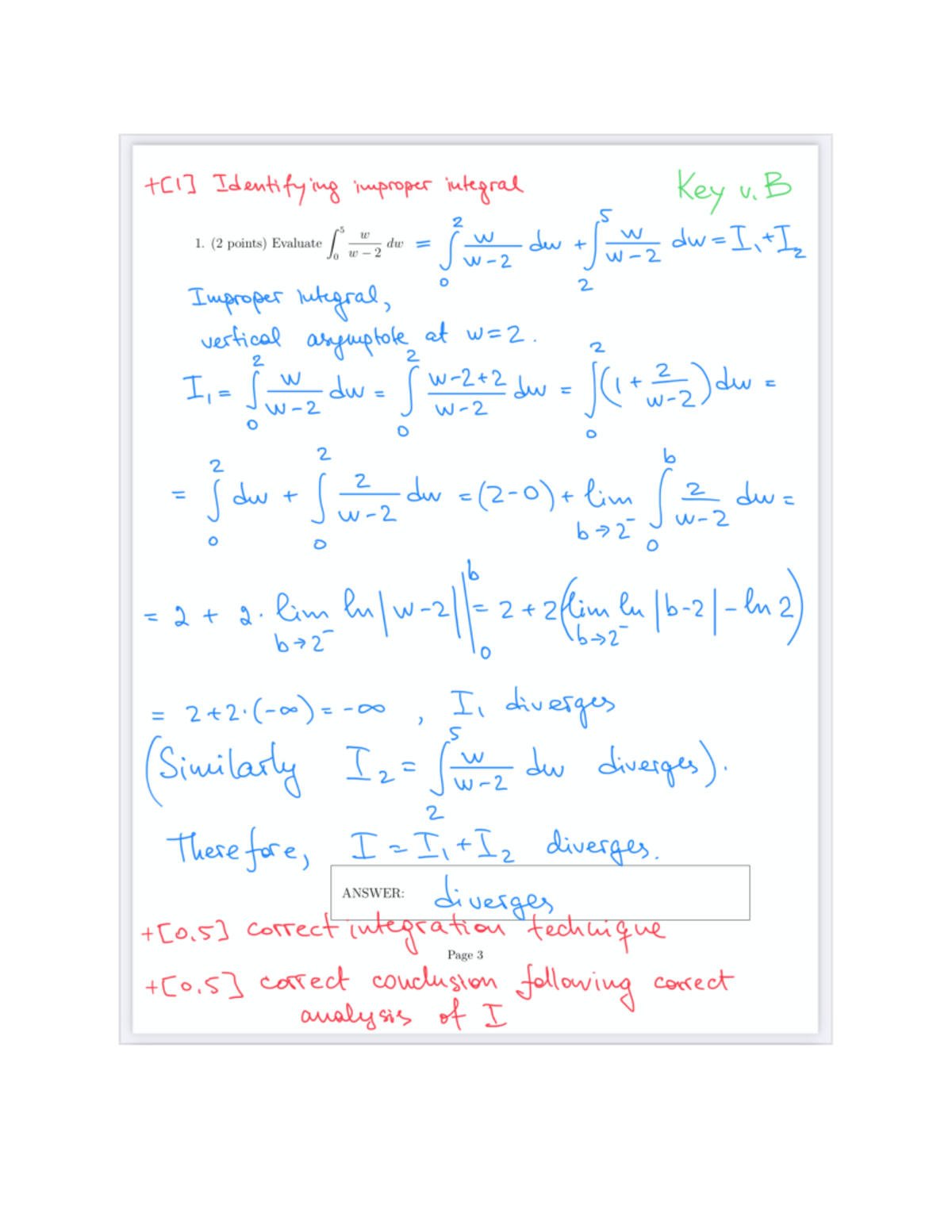 202109 Math101 Midterm 1 v A key - Identifying improper integral Key u 1. (2 points) Evaluate To ...