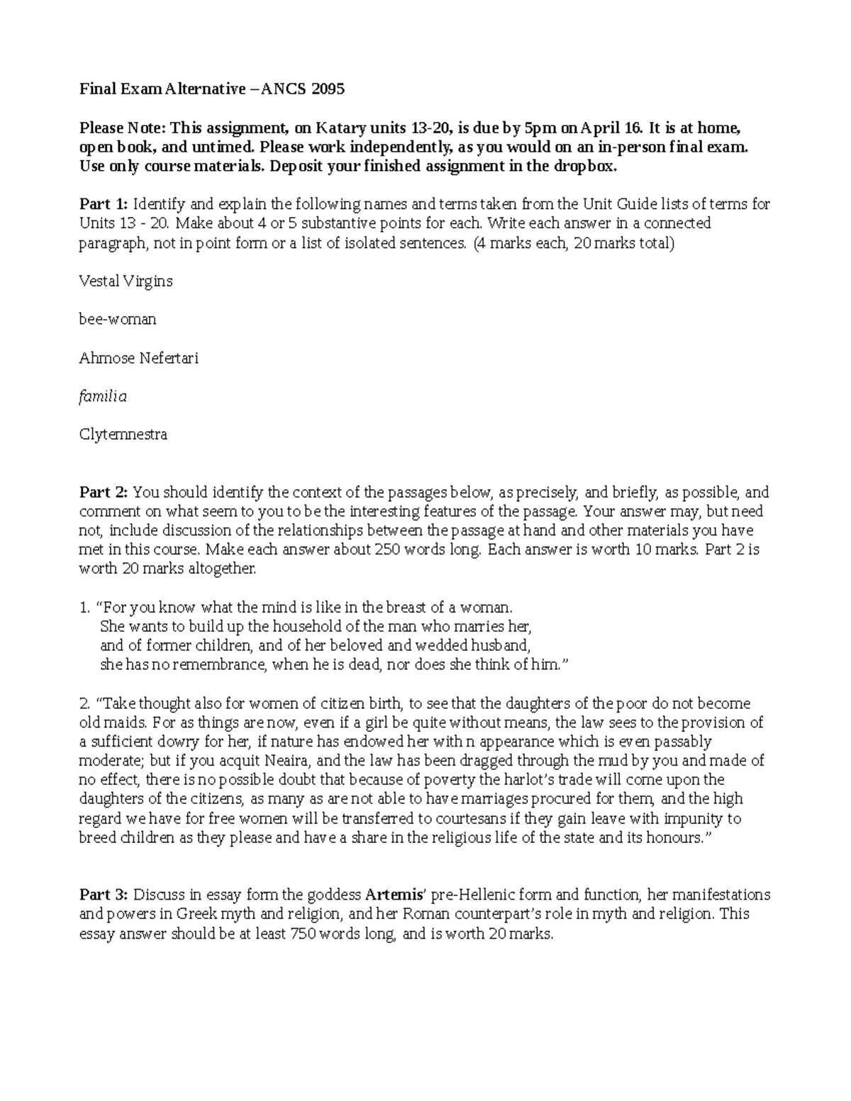 Exam alternative for final exam ancs2095 - Final Exam Alternative ...