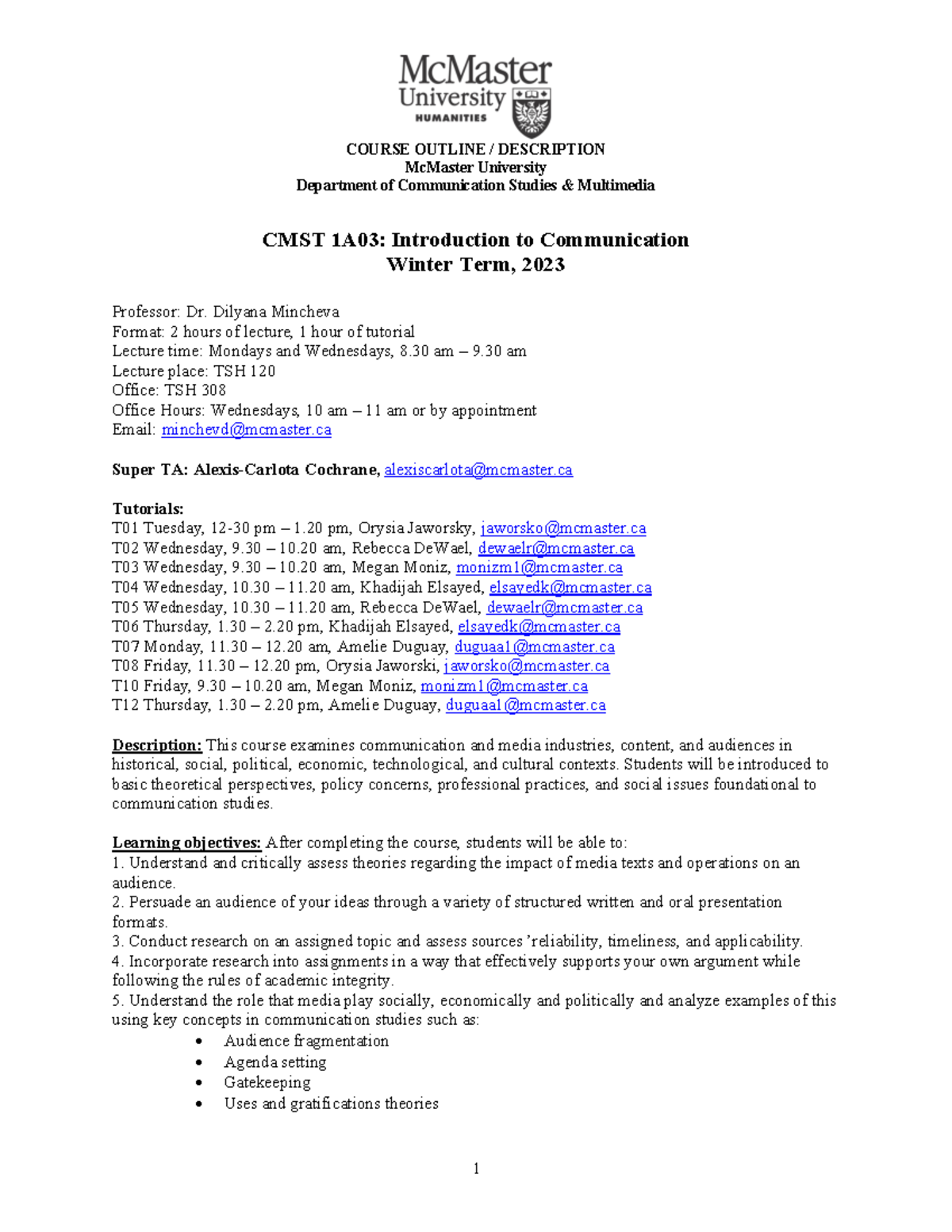 CMST 1A03 Syllabus - COURSE OUTLINE / DESCRIPTION McMaster University ...